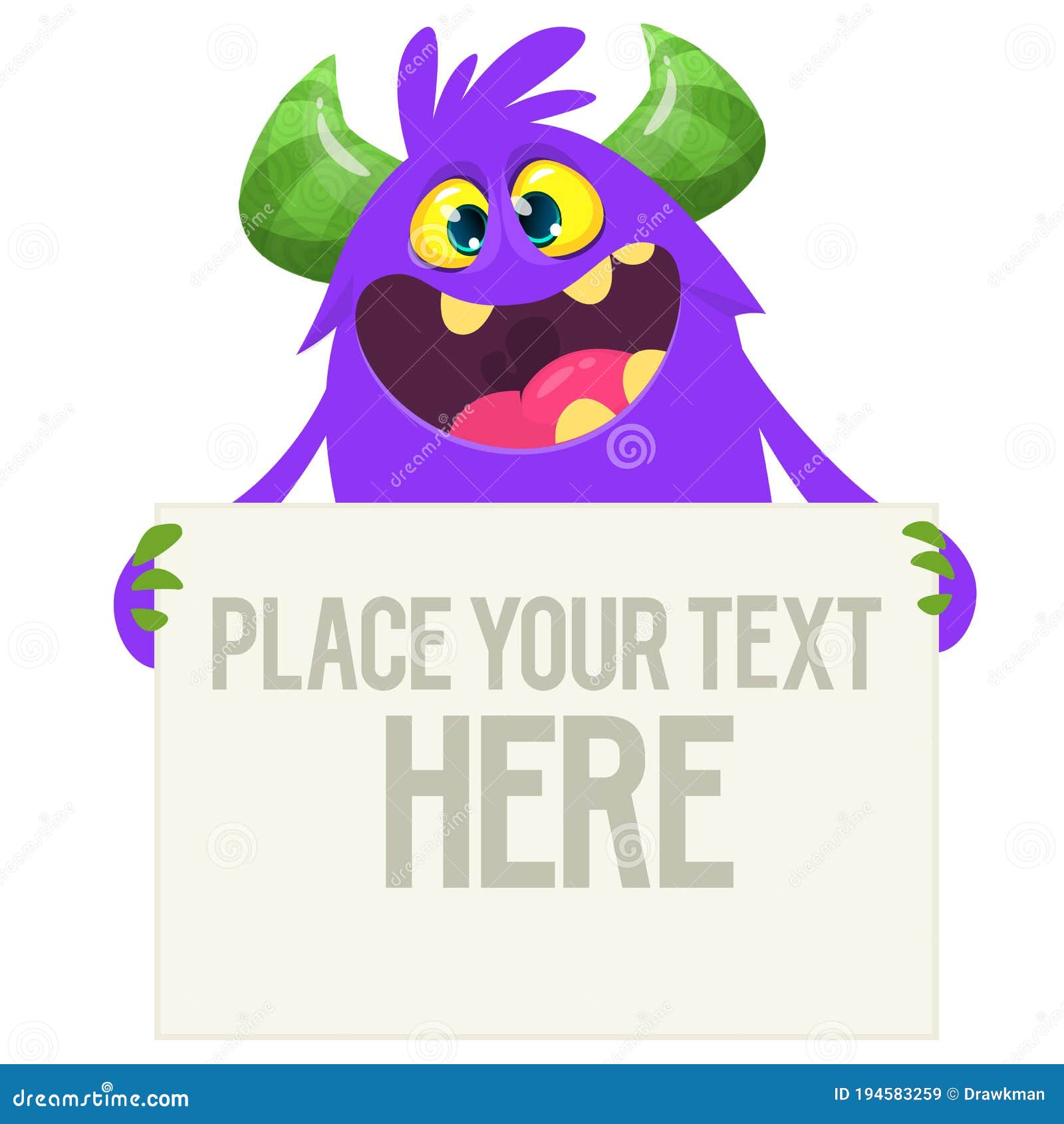 Catoon Monster Holding Blank Sign With Sample Message On It. Vector ...