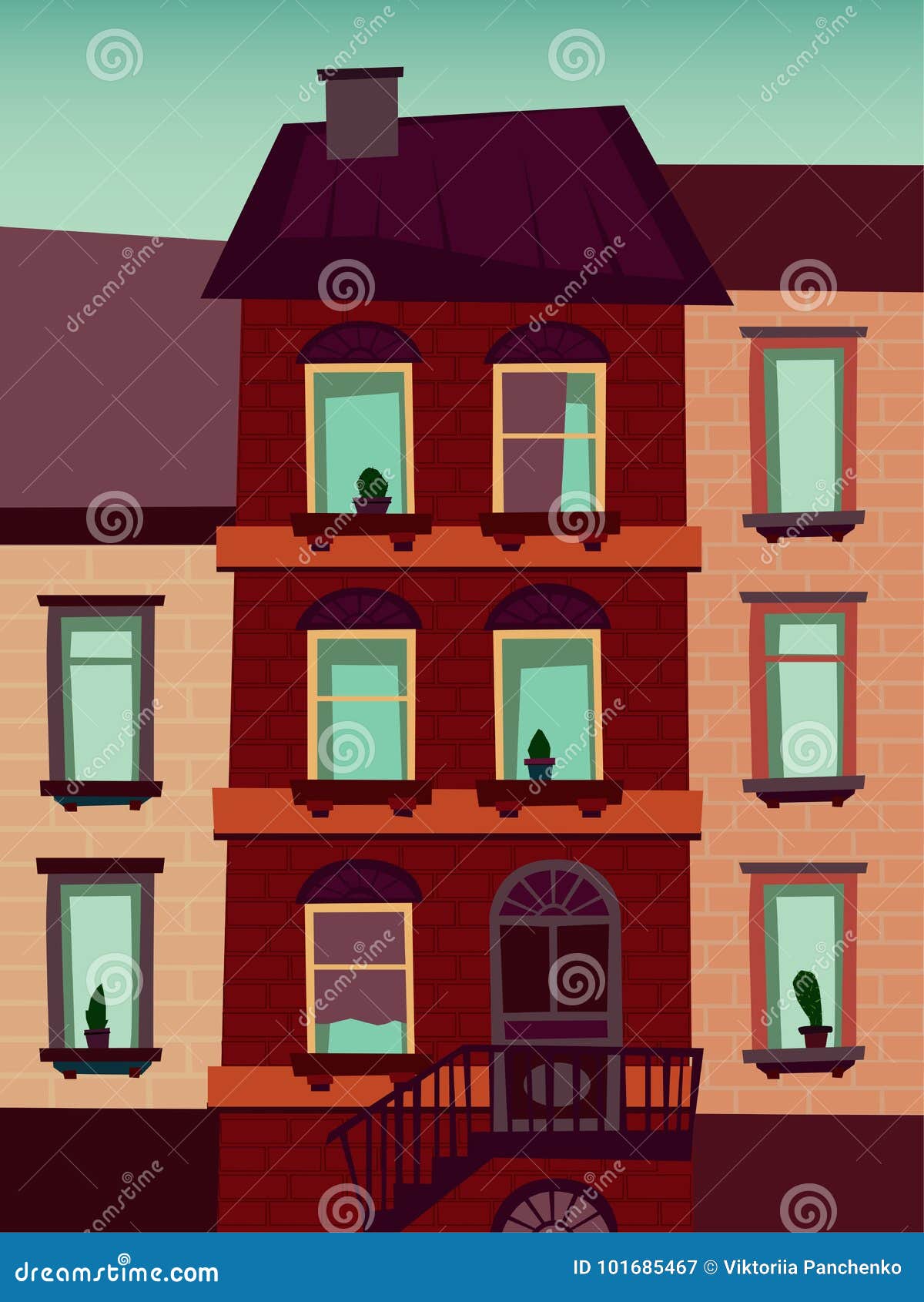 Catroon House Building Raster Illustration Stock Illustration ...