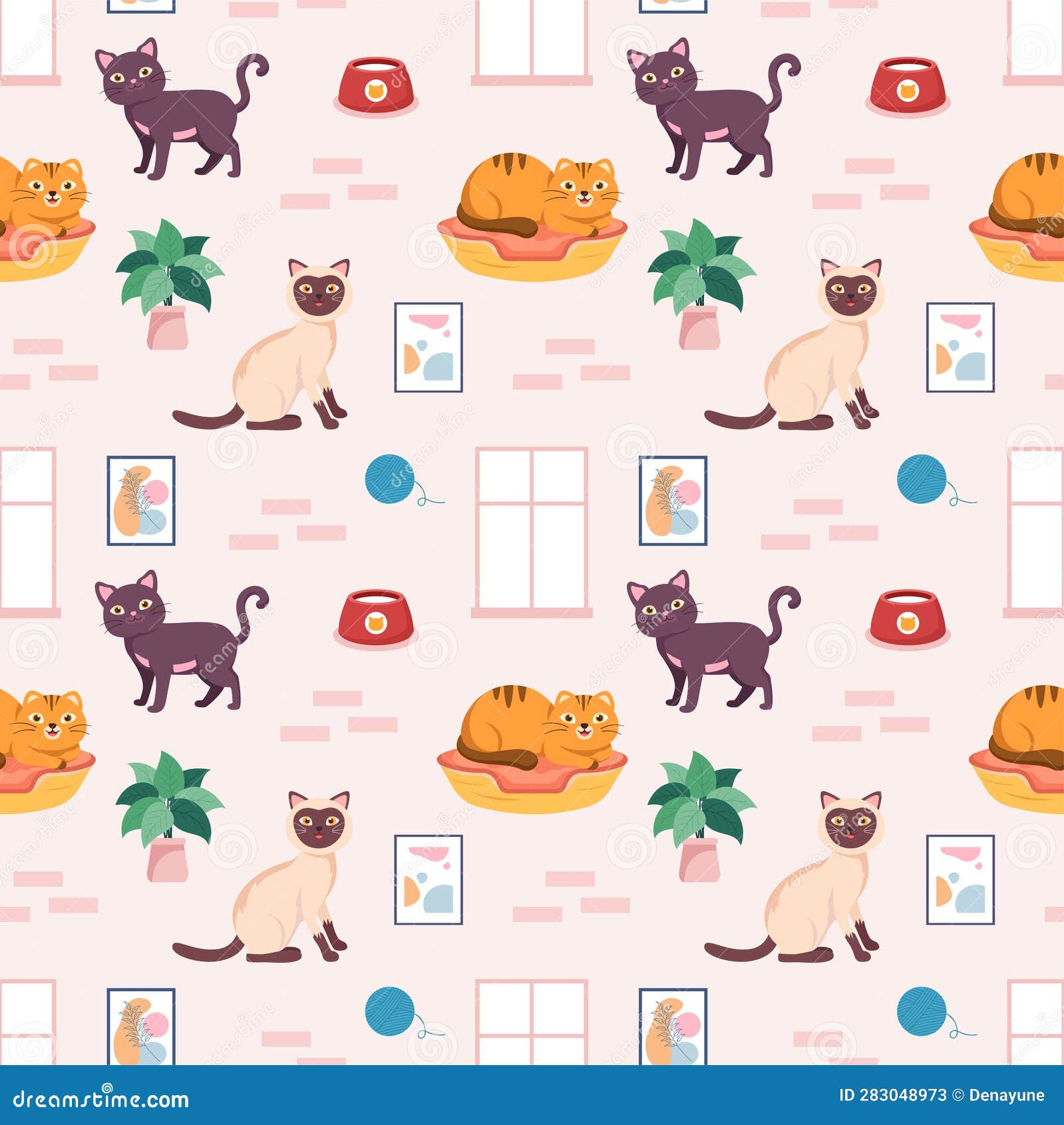 Cats Animals Seamless Pattern Design with Cat Element in Template Hand ...