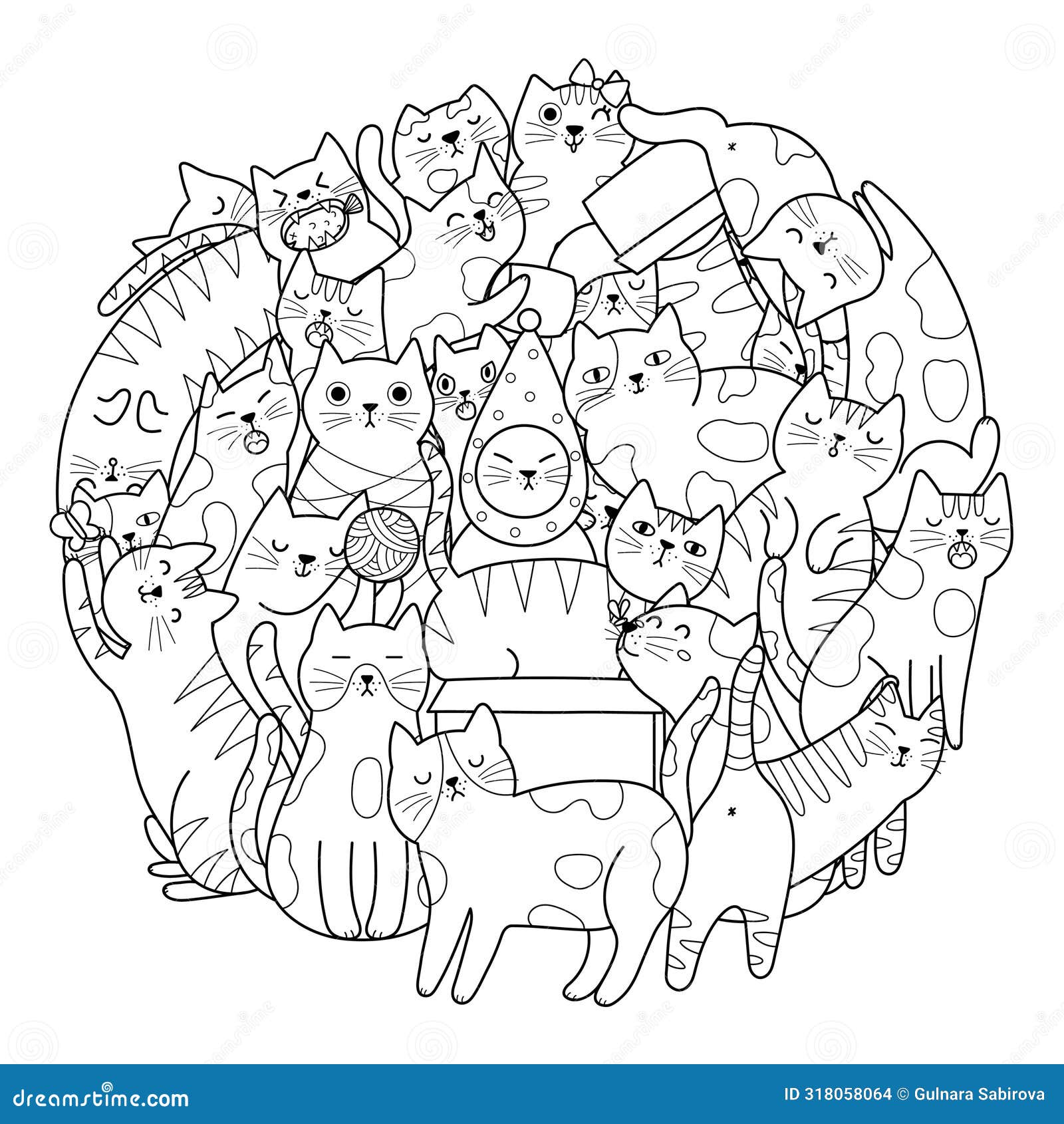 Funny Doodle Cats Circle Shape Coloring Page. Cute Mandala With Funny ...