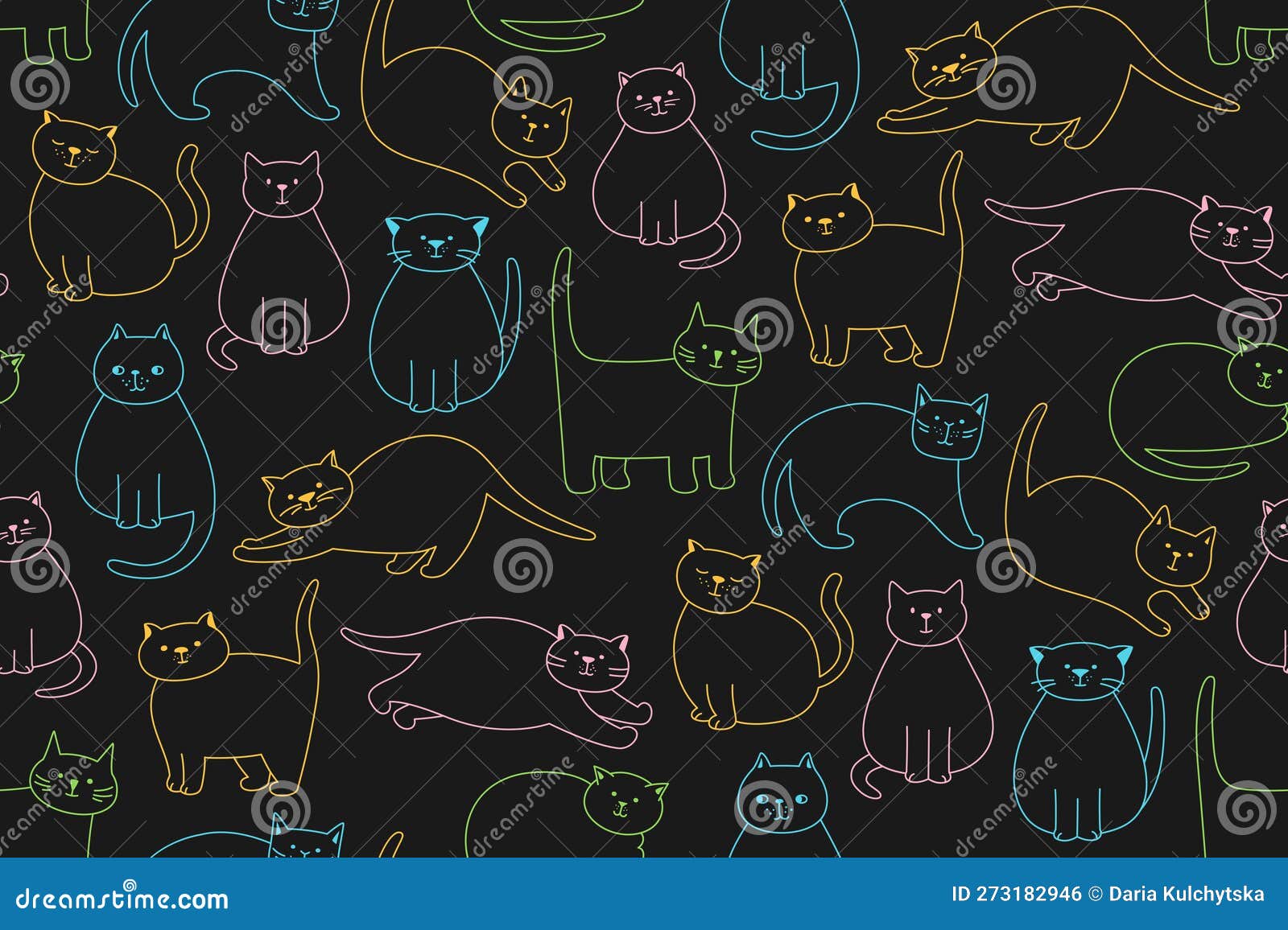 Cats Cute Doodle Linear Seamless Pattern Kitty Different Poses ...