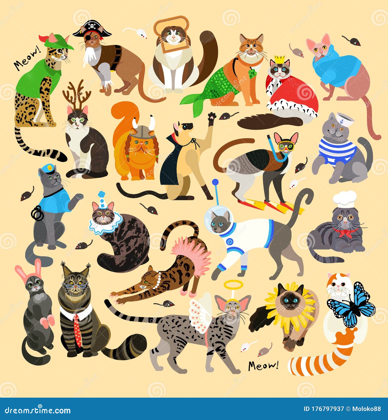 Pattern with Cats Dressed in Costumes. Vector Illustration. Stock ...