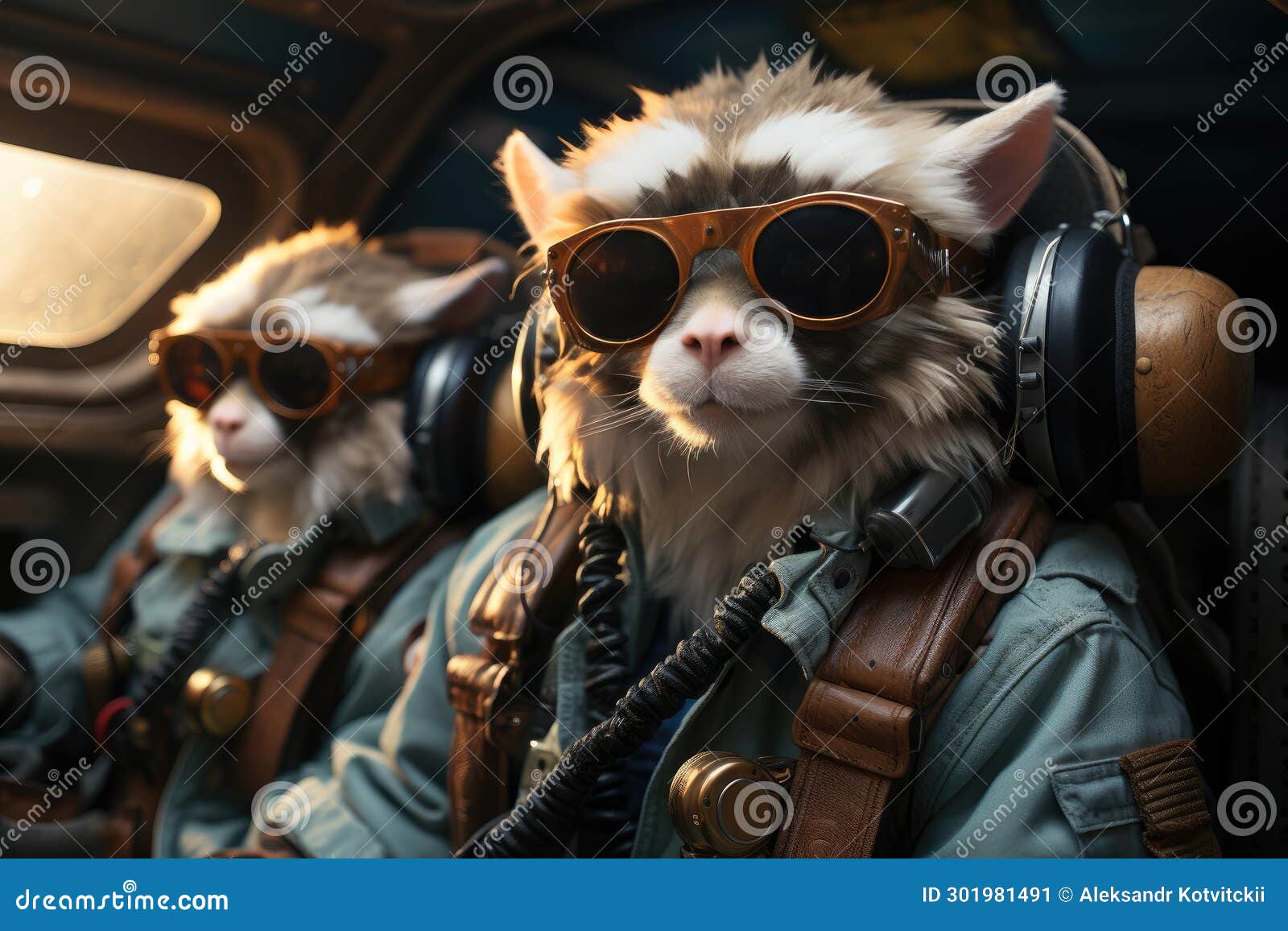Cats Dressed in a Pilot Costume Flying in an Aircraft. Stock Image ...