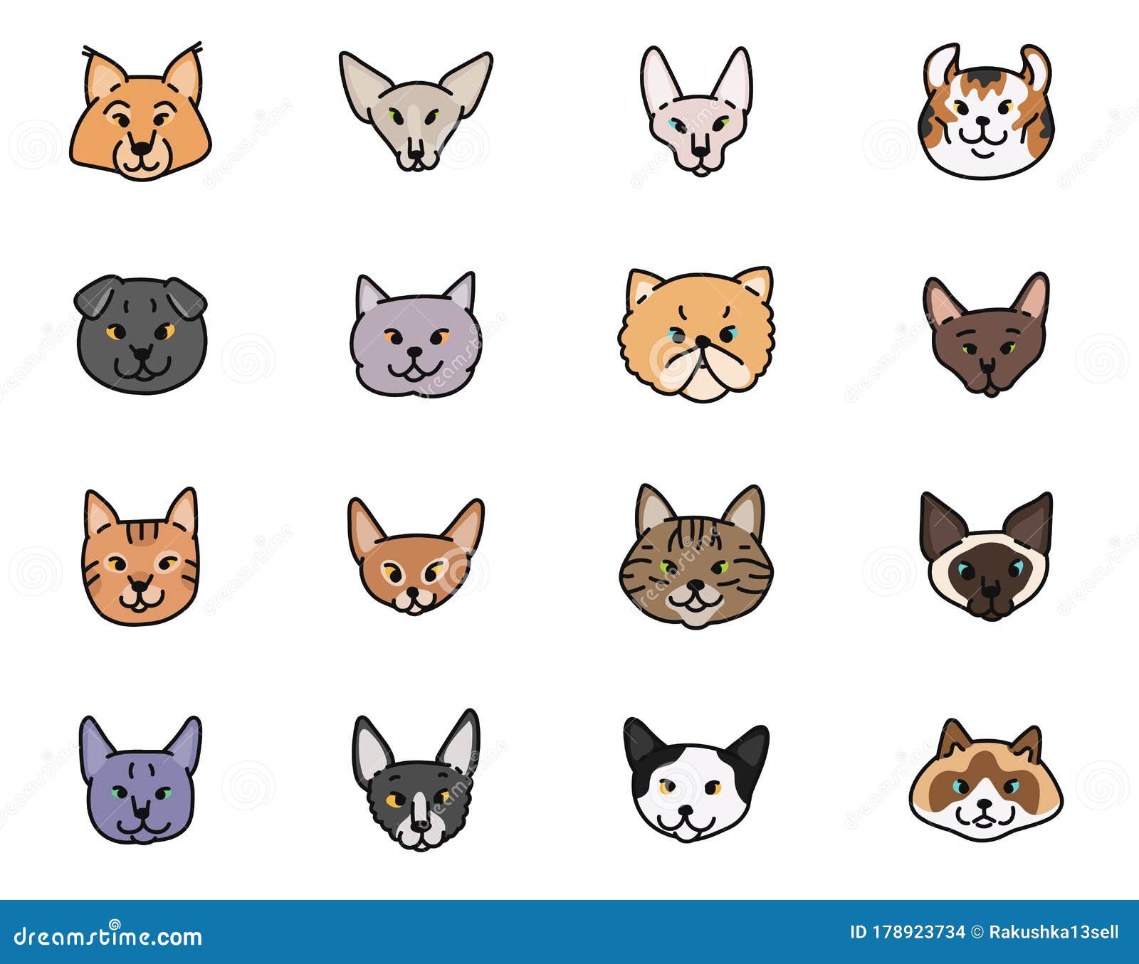 Cats Faces Breeds Vector Set Contour Sketch Isolated Illustration ...