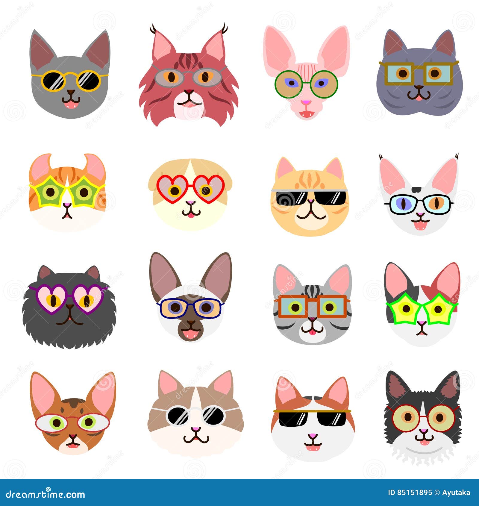 Cats Faces, Hand Drawn Doodle Cats Icons Collection. Cartoon Comic Cute ...