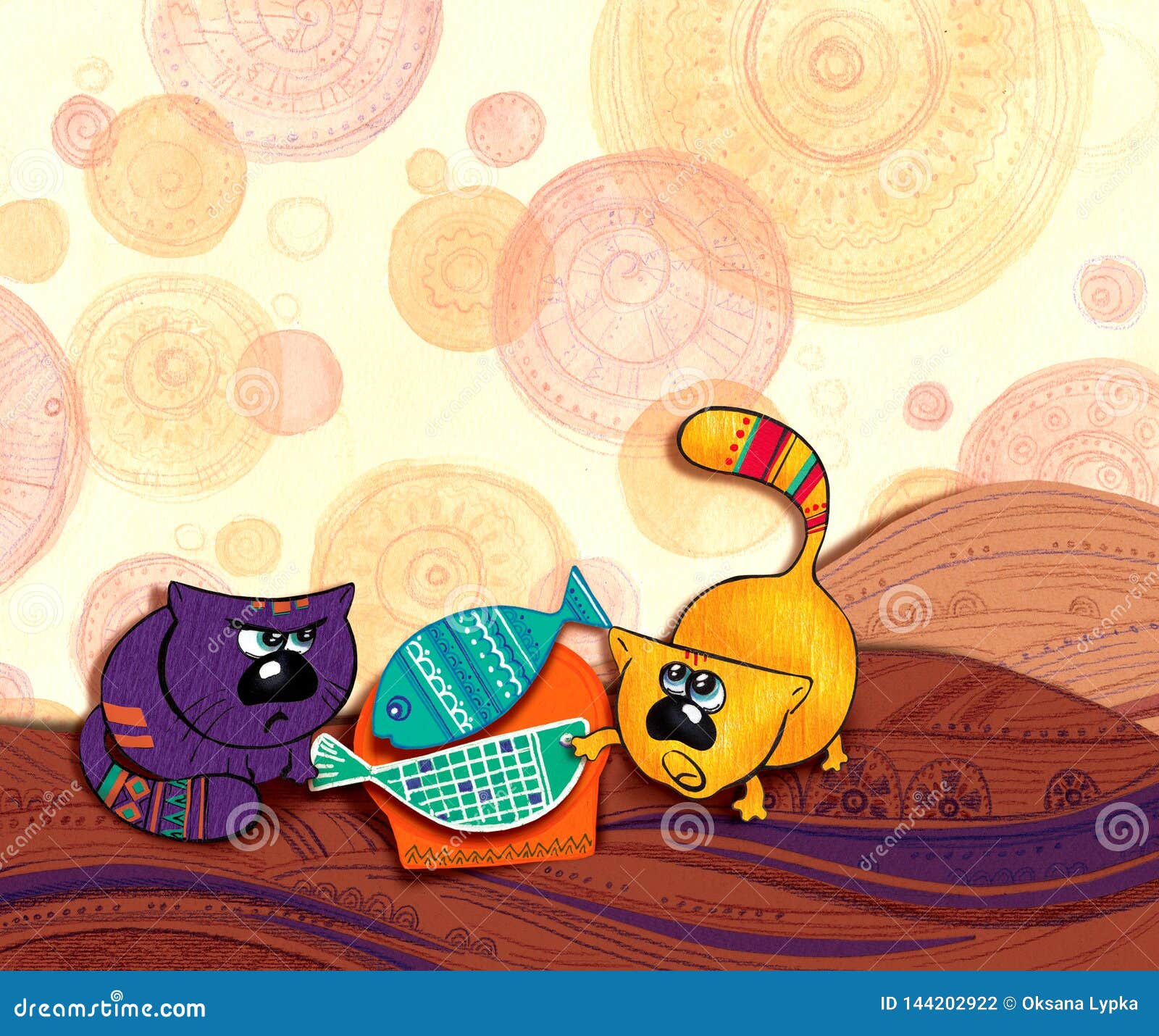 Cats with Fish, Colored Applique for Children`s Illustrations ...