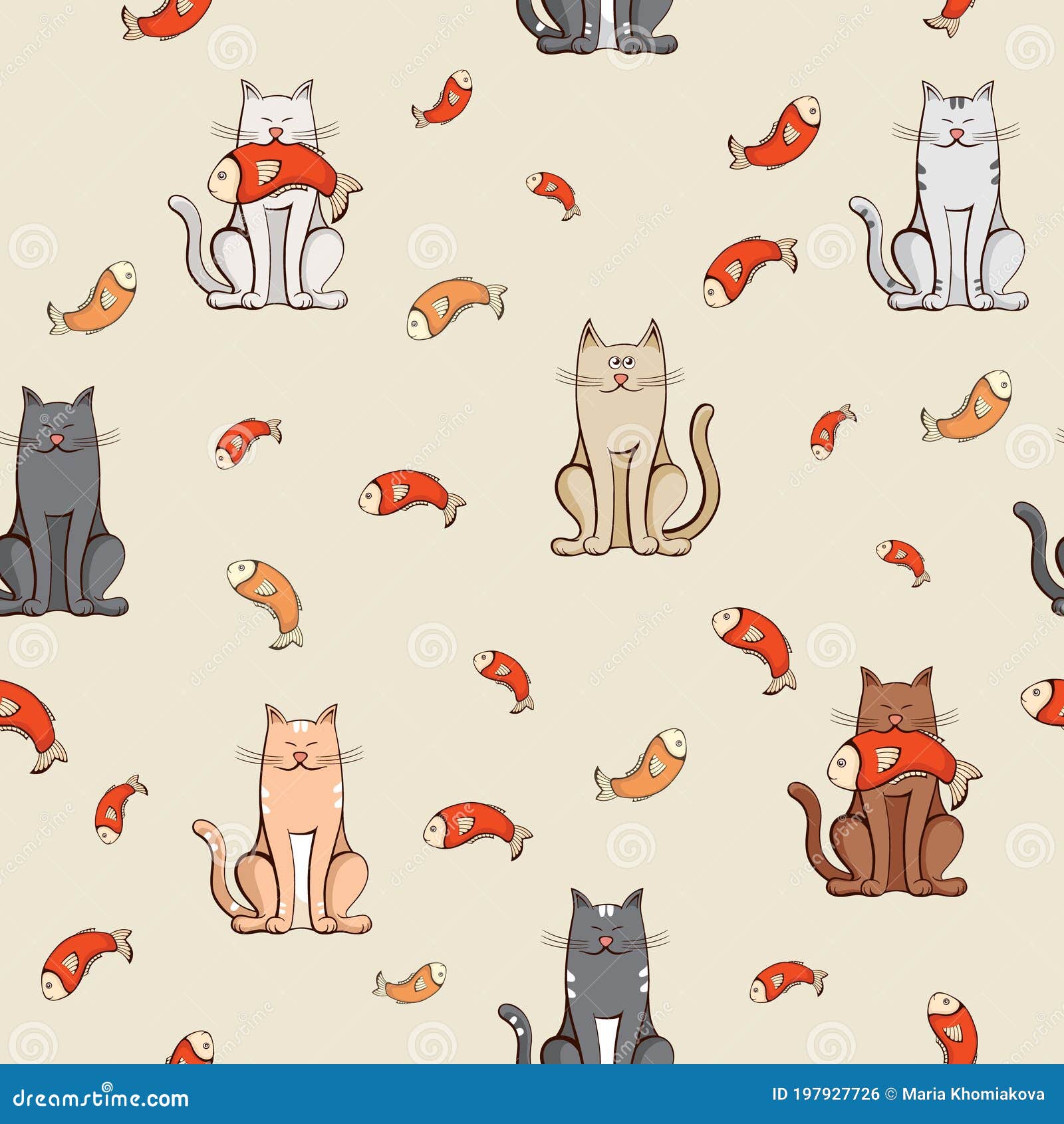 Cats and Fish Seamless Pattern Stock Illustration - Illustration of ...