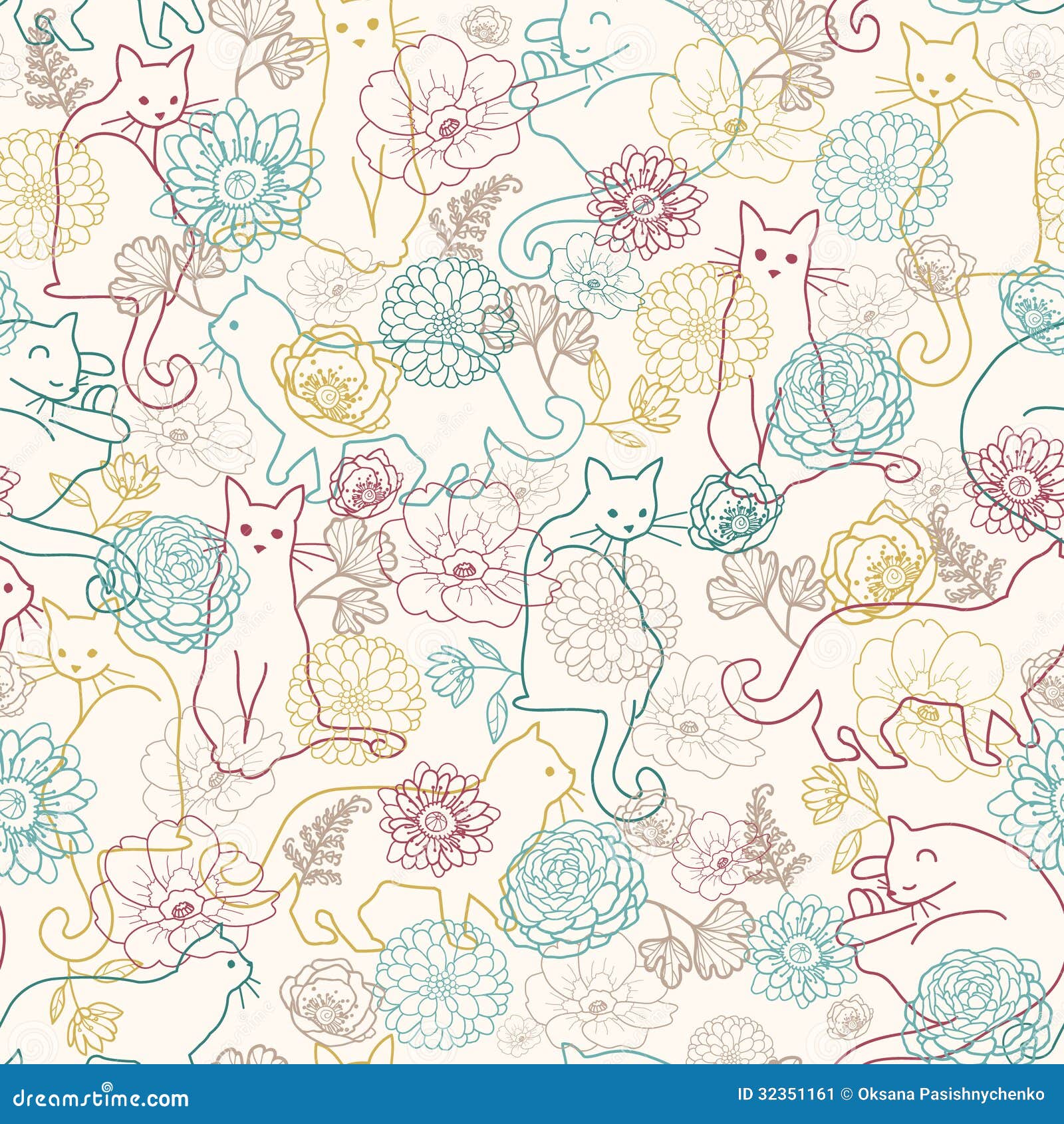 Cats among Flowers Seamless Pattern Background Stock Vector ...