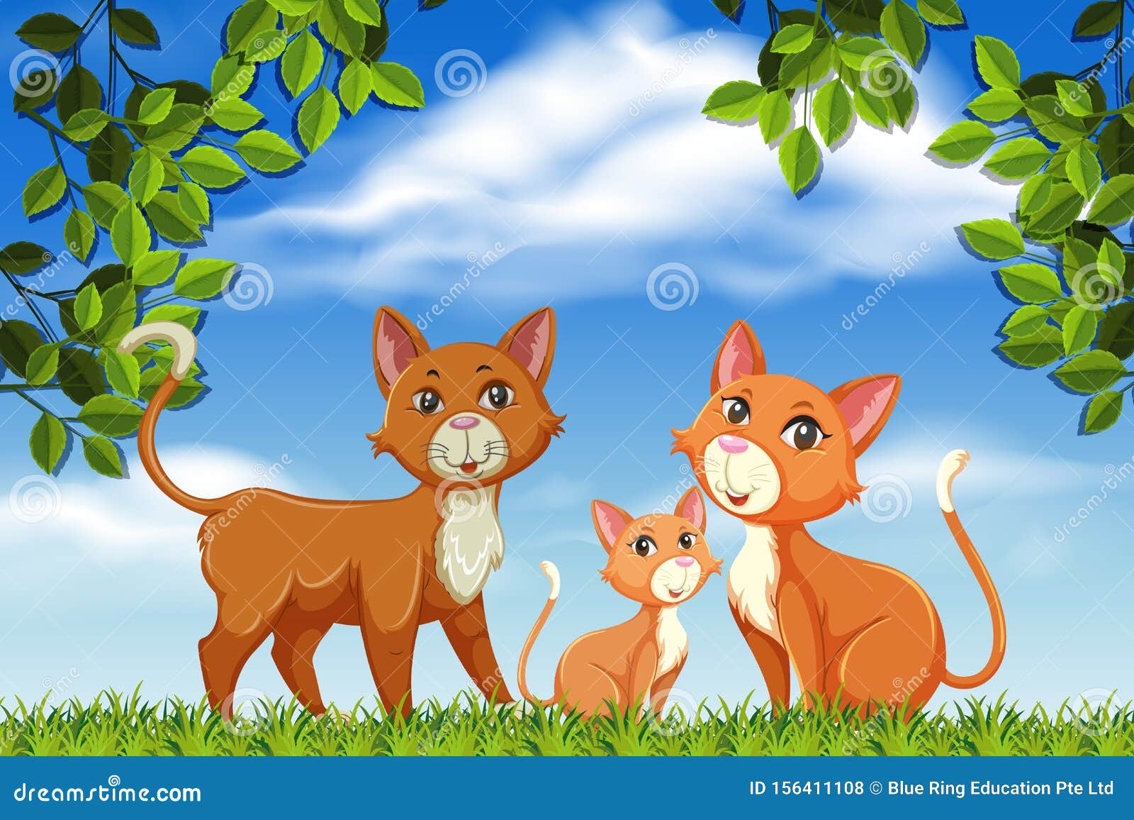 Cats in nature scene stock vector. Illustration of green - 156411108