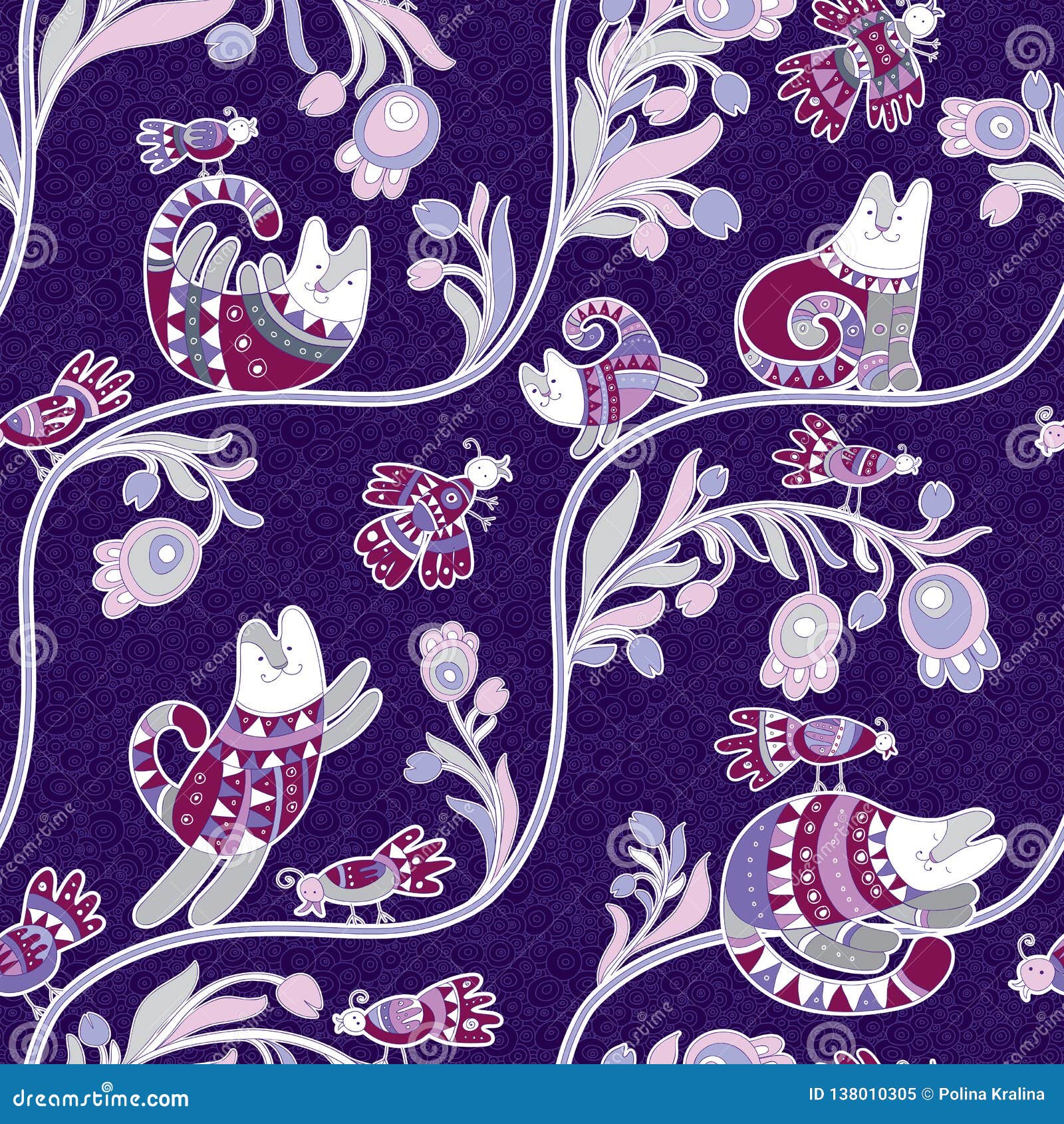 Seamless Vector Pattern - Cute Cats and Birds with Ethnic and Floral ...