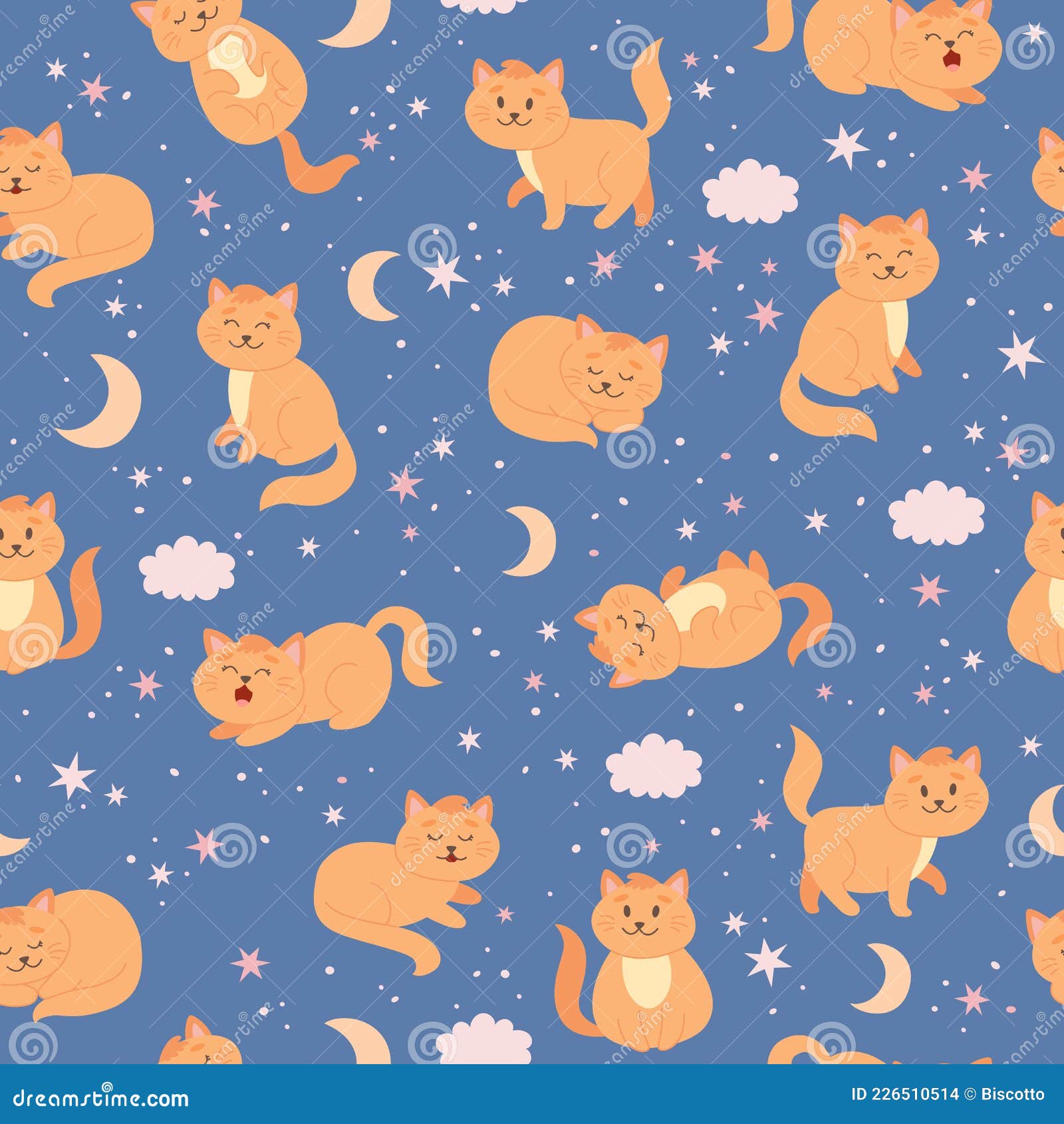 Cats Pattern with Moon, Stars and Clouds. Cute Ginger Cat Character in ...