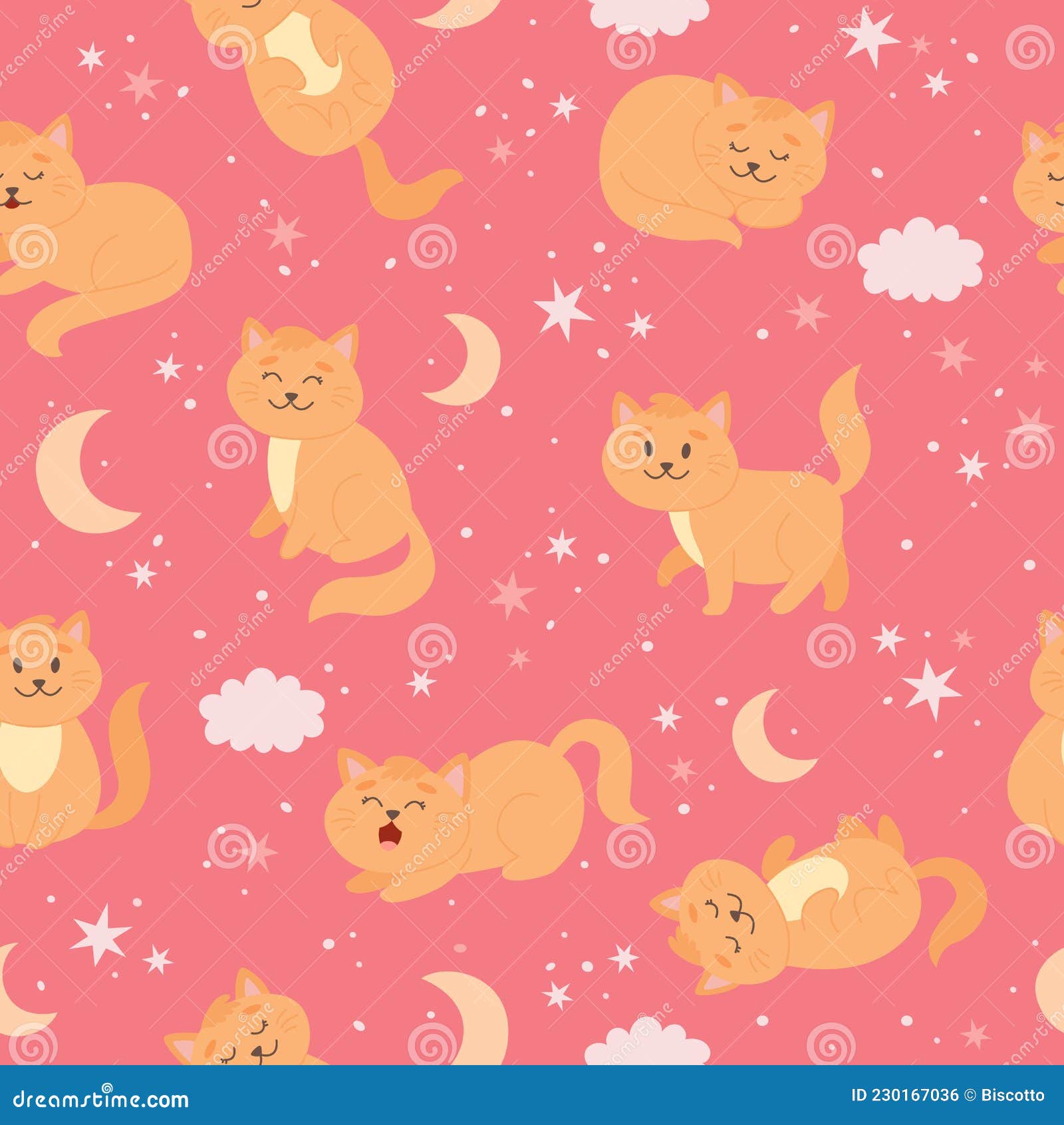 Cats Pattern with Moon, Stars and Clouds. Cute Ginger Cat Character in ...