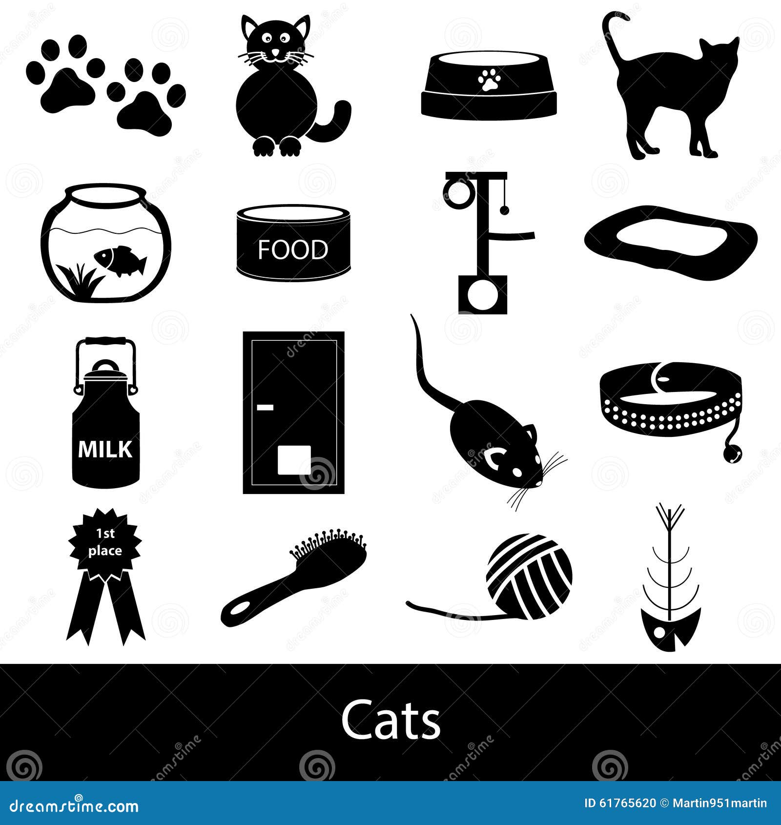 Cats Pets Items Simple Black And White Icons In Circle Vector ...