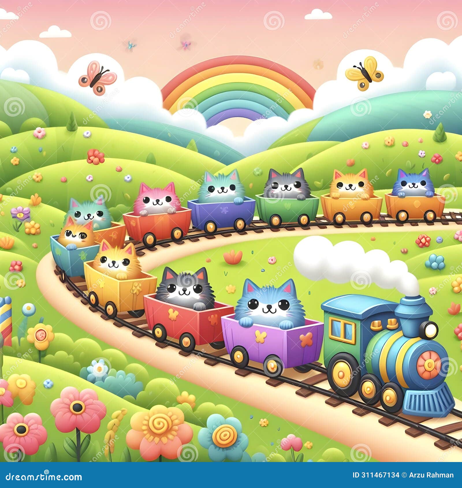 Cats play in the train stock illustration. Illustration of nursery ...
