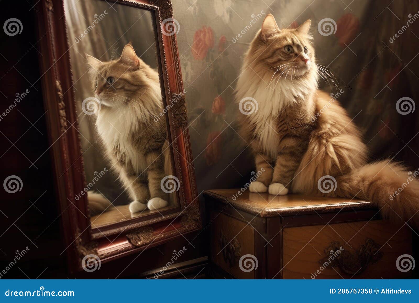 Cats Reflection in a Mirror Behind a Box Stock Photo - Image of ...