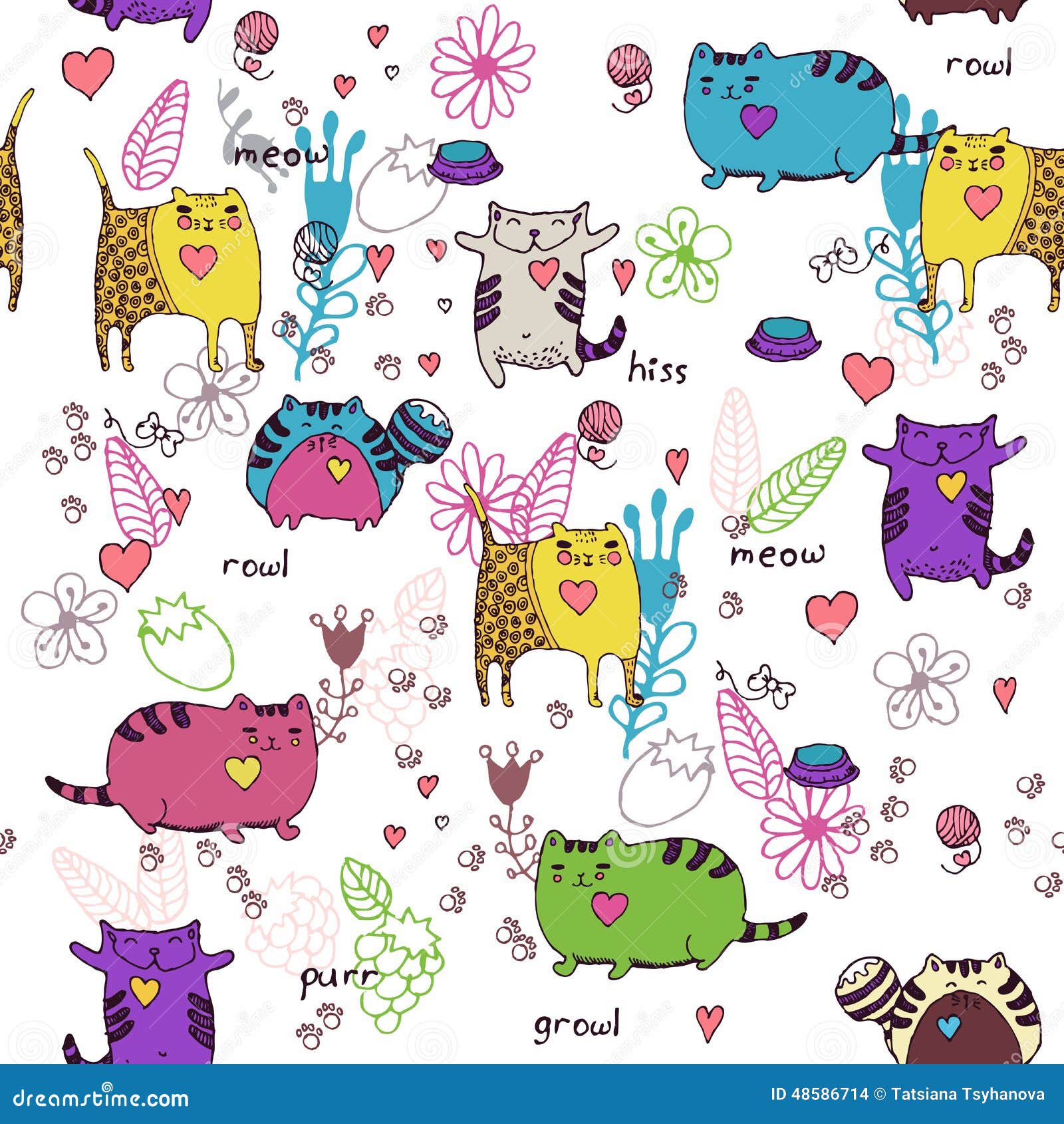 Cats Seamless Pattern in Doodle Style. Stock Vector - Illustration of ...