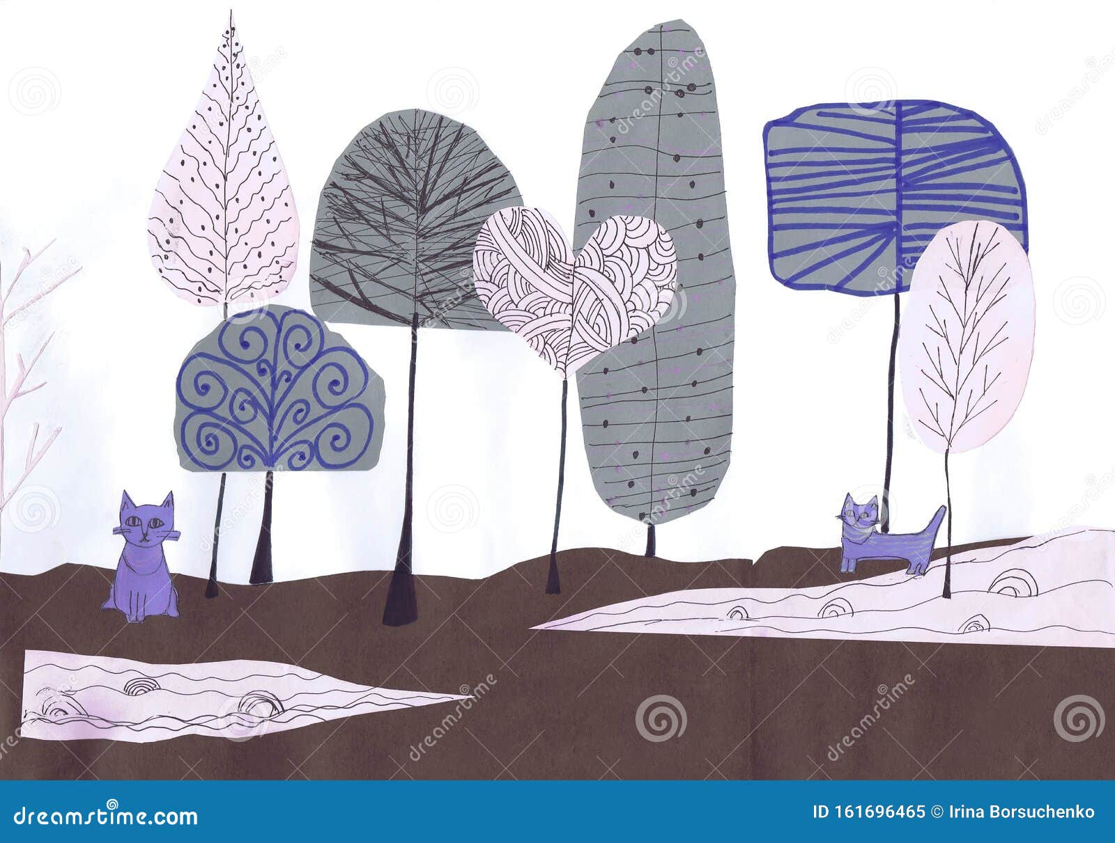 Cats Walk among Trees. Children `s Drawing Stock Illustration ...