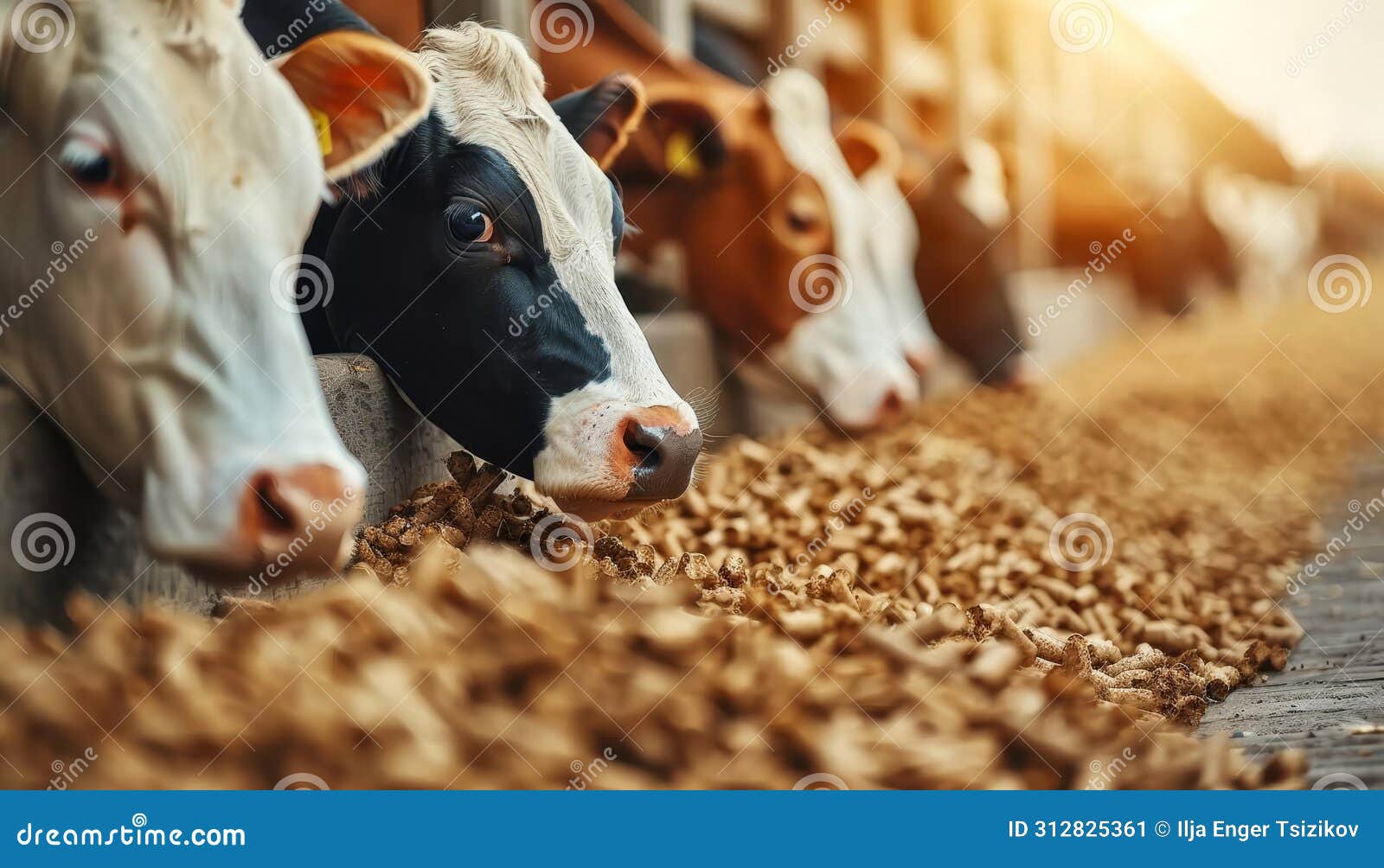 Cattle Feeding On Hay In A Cowshed At A Thriving Dairy Farm With ...