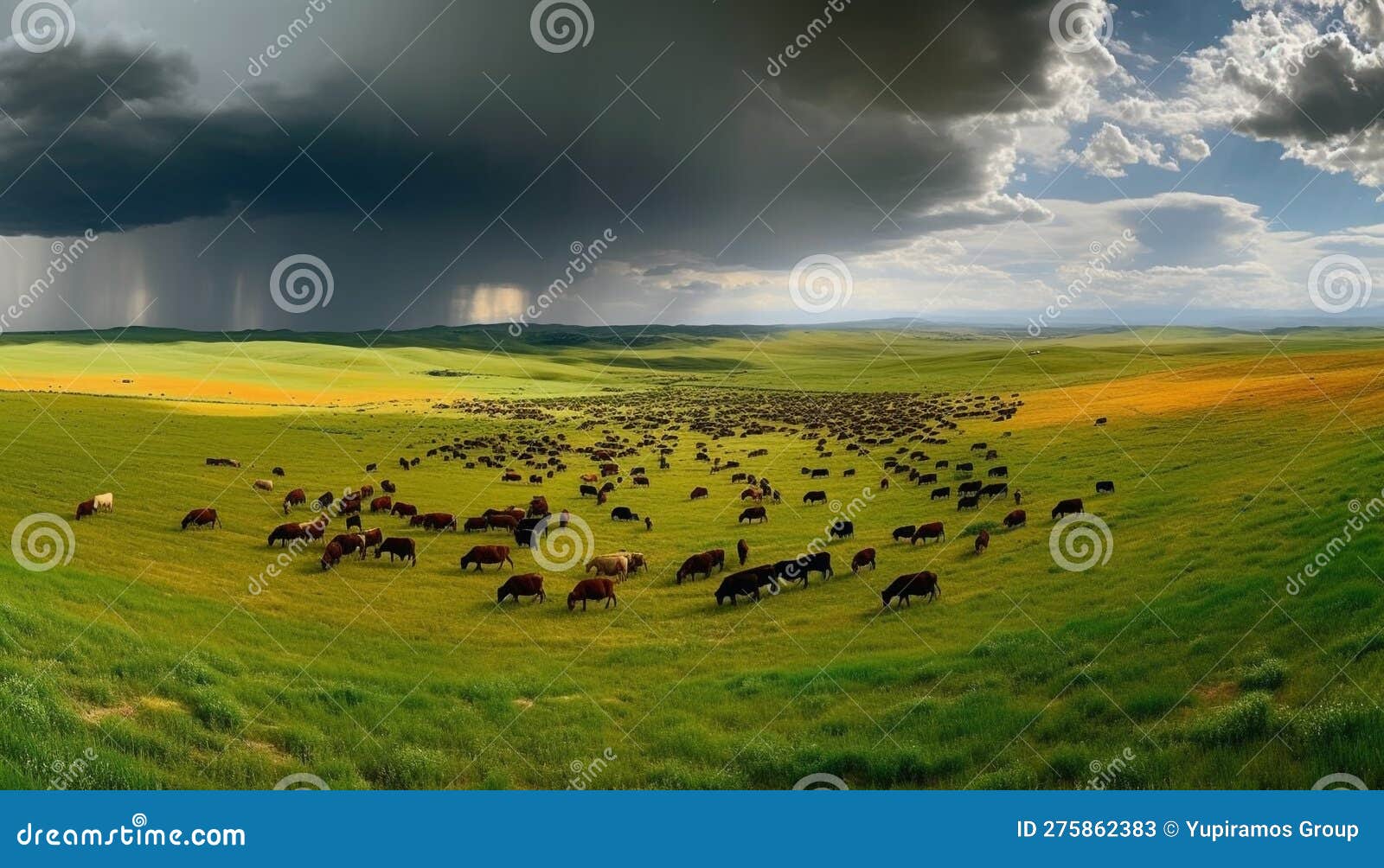Cattle Graze on Meadow, Horizon Over Land Generated by AI Stock ...