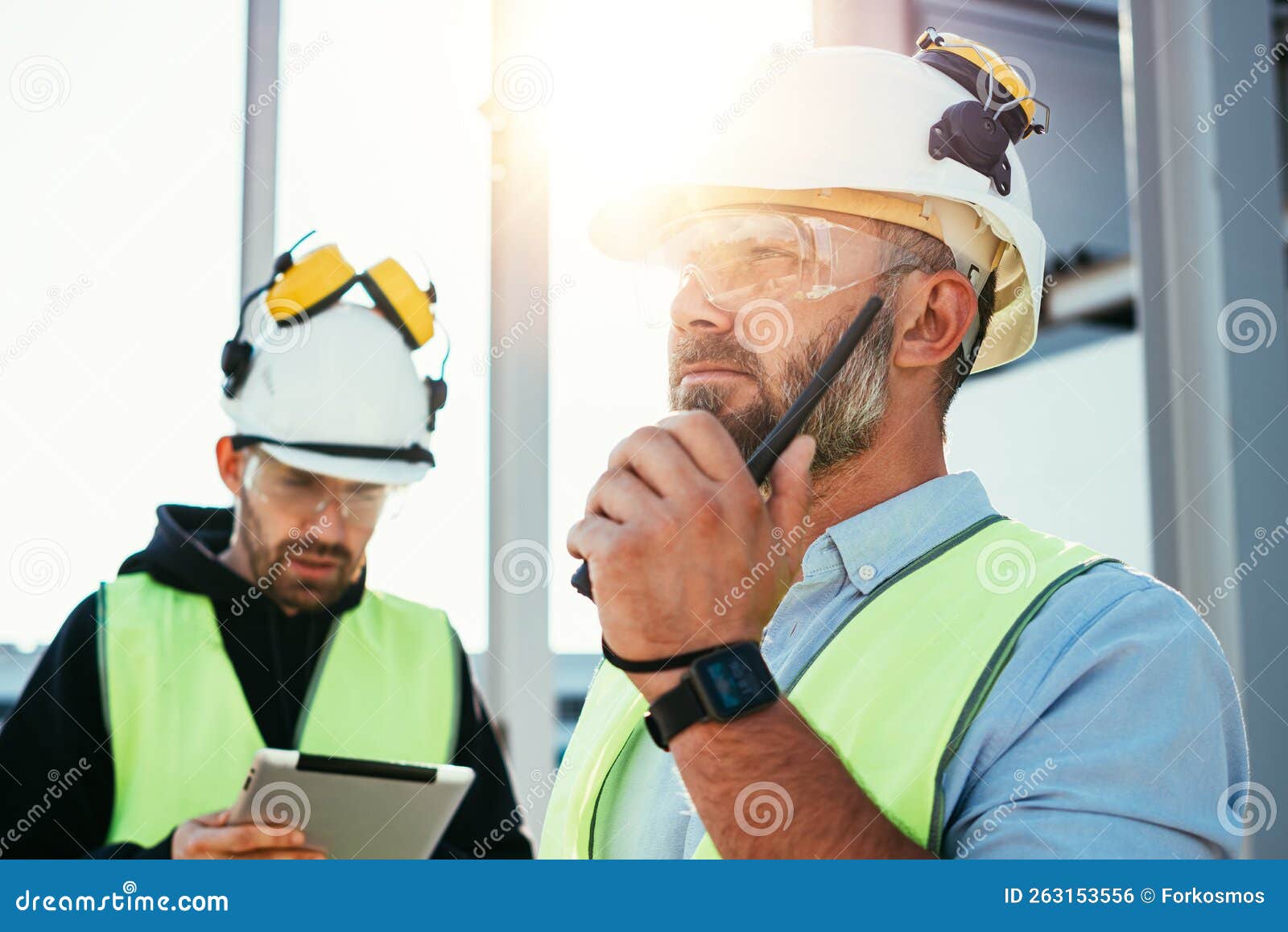Caucasian Bearded Engineer with Walkie-talkie Control Working Process ...