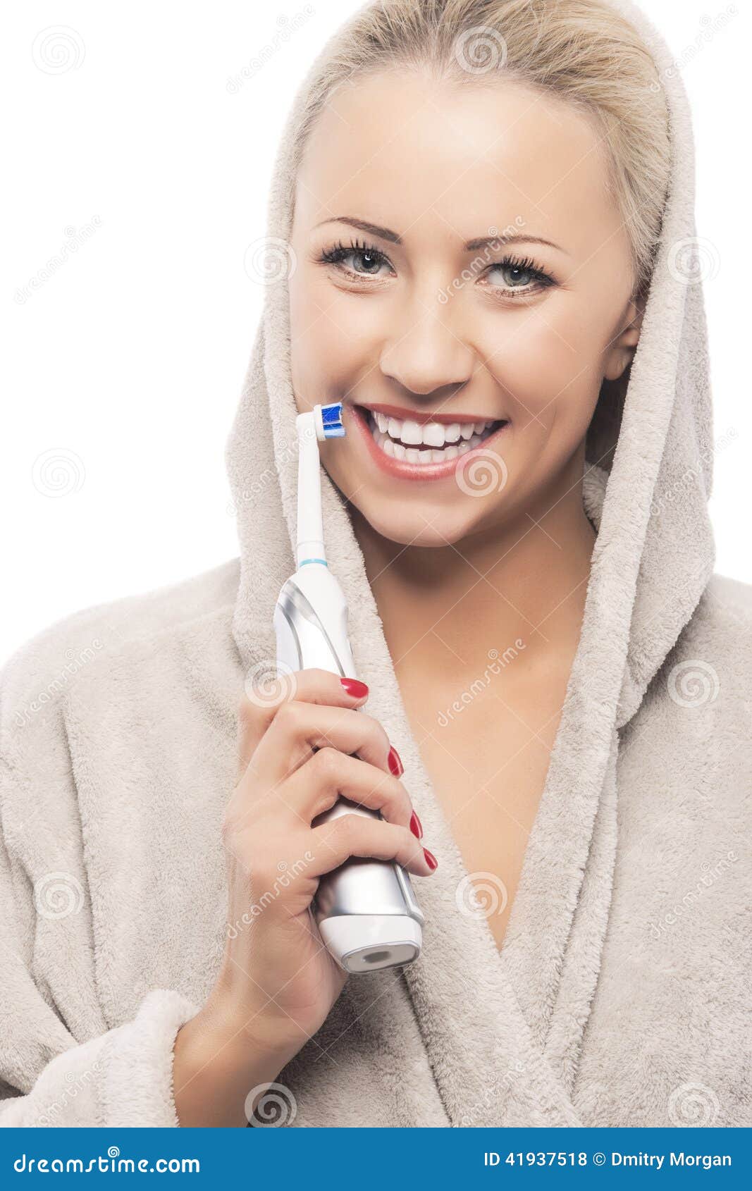 Caucasian Blond Woman With Brilliant Natural Smile Cleaning Teeth Using