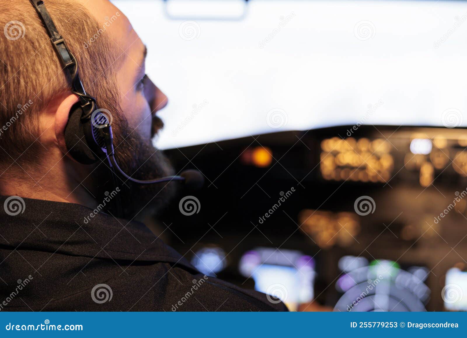 Caucasian Captain Using Airplane Cockpit Command To Fly Jet Stock Image ...