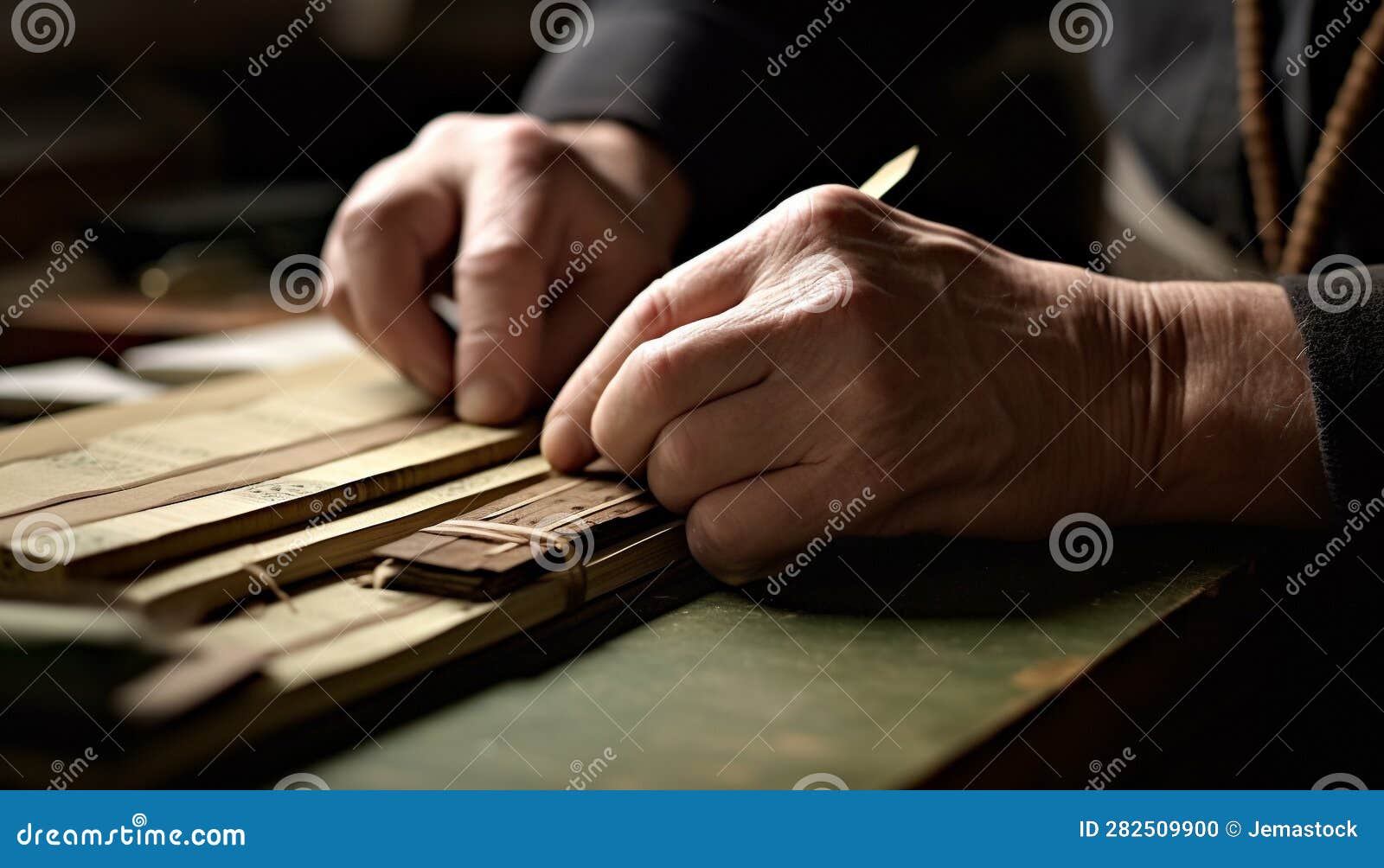 Caucasian Carpenter Hand Crafting Wood Plank with Work Tool Generated ...