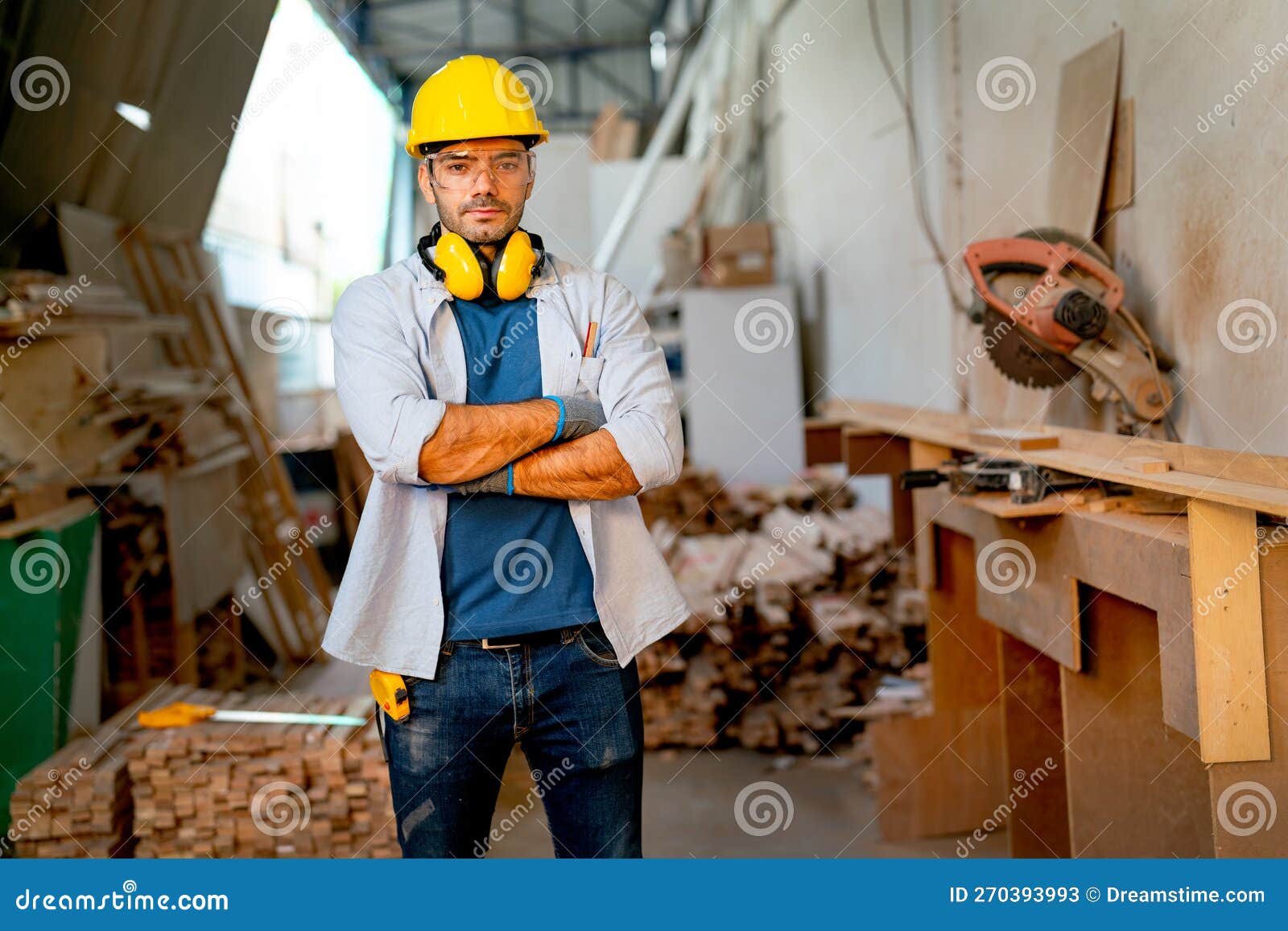 Caucasian Carpenter Man Stand with Arm-crossed or Confidence Action and ...