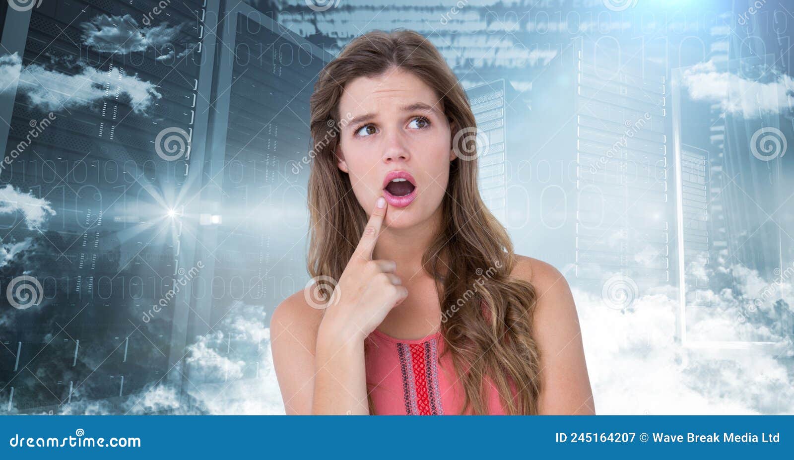 Caucasian Confused Woman Against Data Processing, Computer Servers and ...