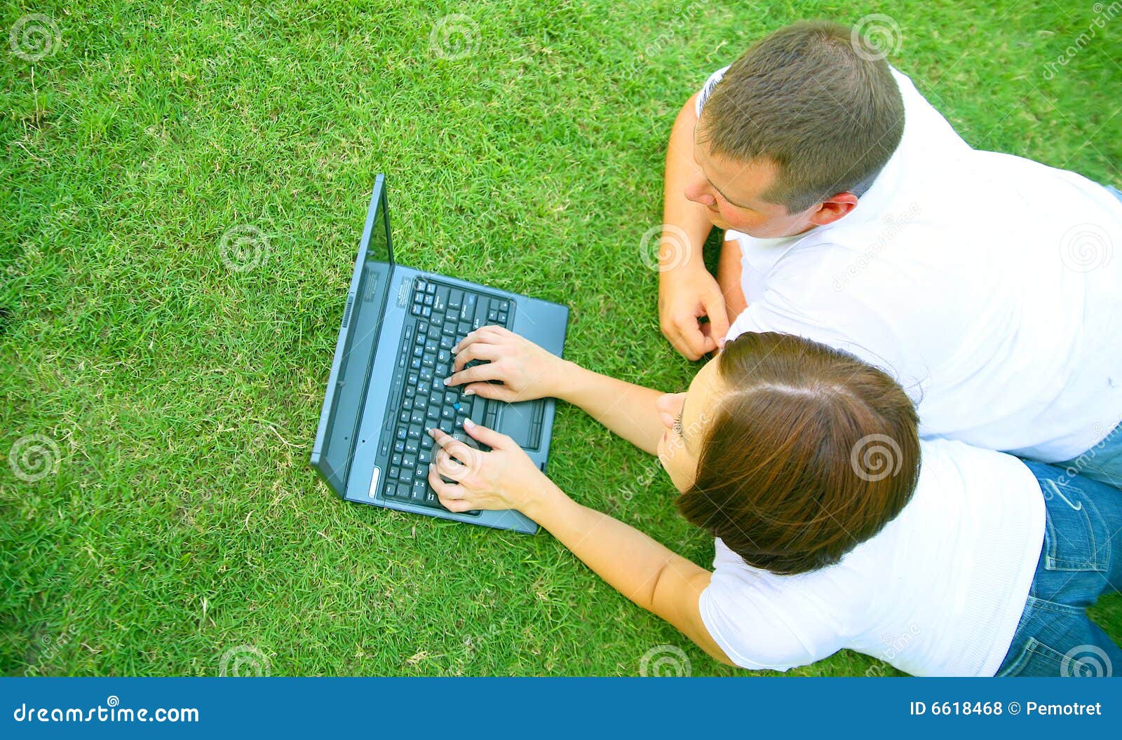 Caucasian Couple Using Laptop Outdoor Stock Photo - Image of male ...