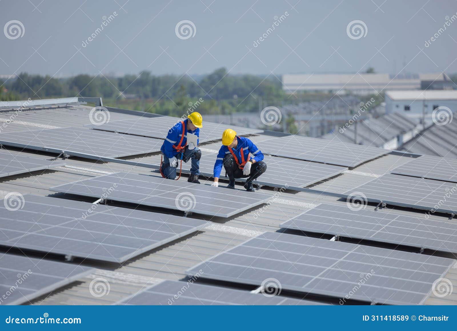 Caucasian Engineer Checking on Solar Panel on the Factory Rooftop Stock ...