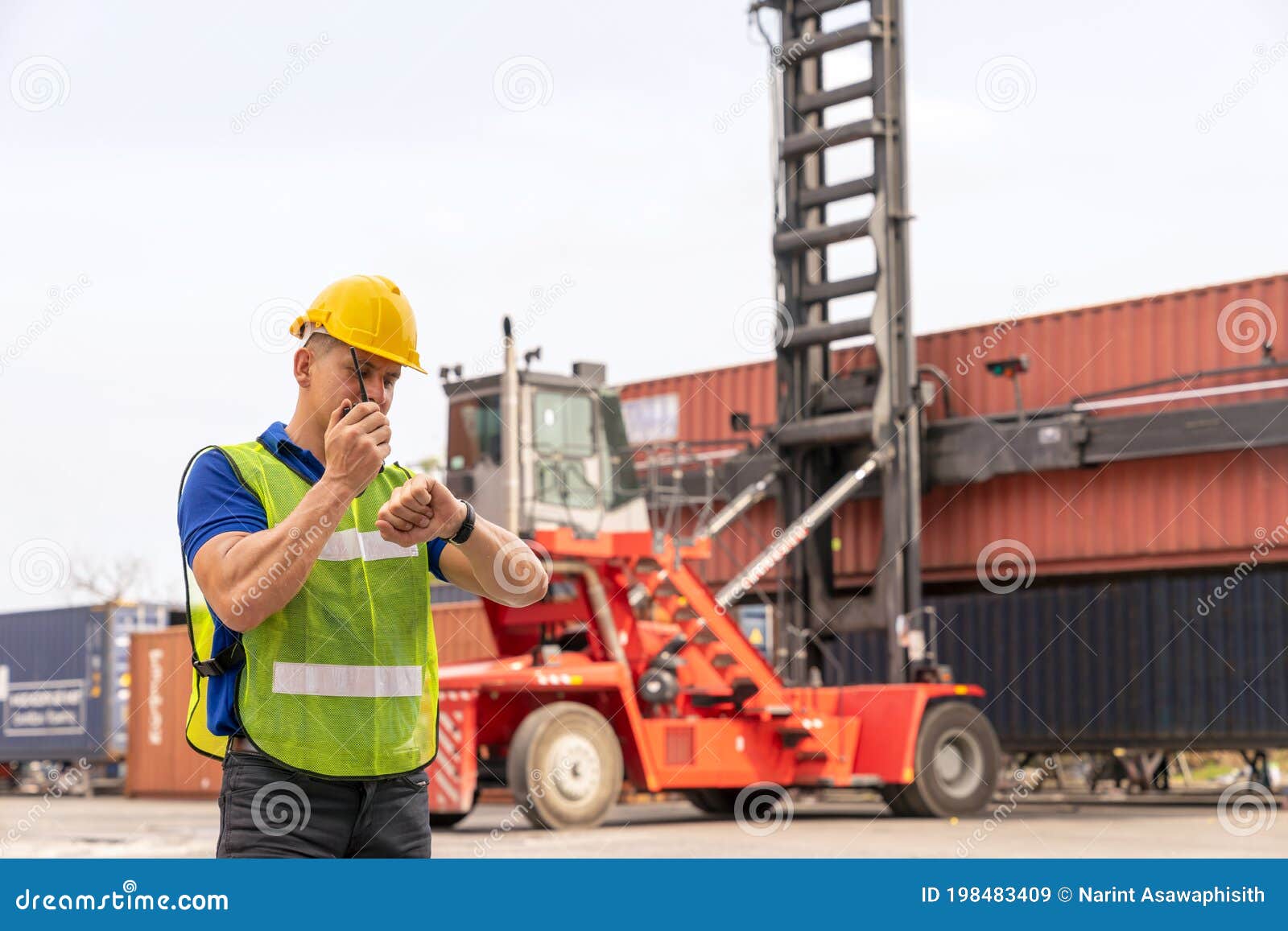 Caucasian Engineer Standing in Front of Reach Stacker Vehicle in ...