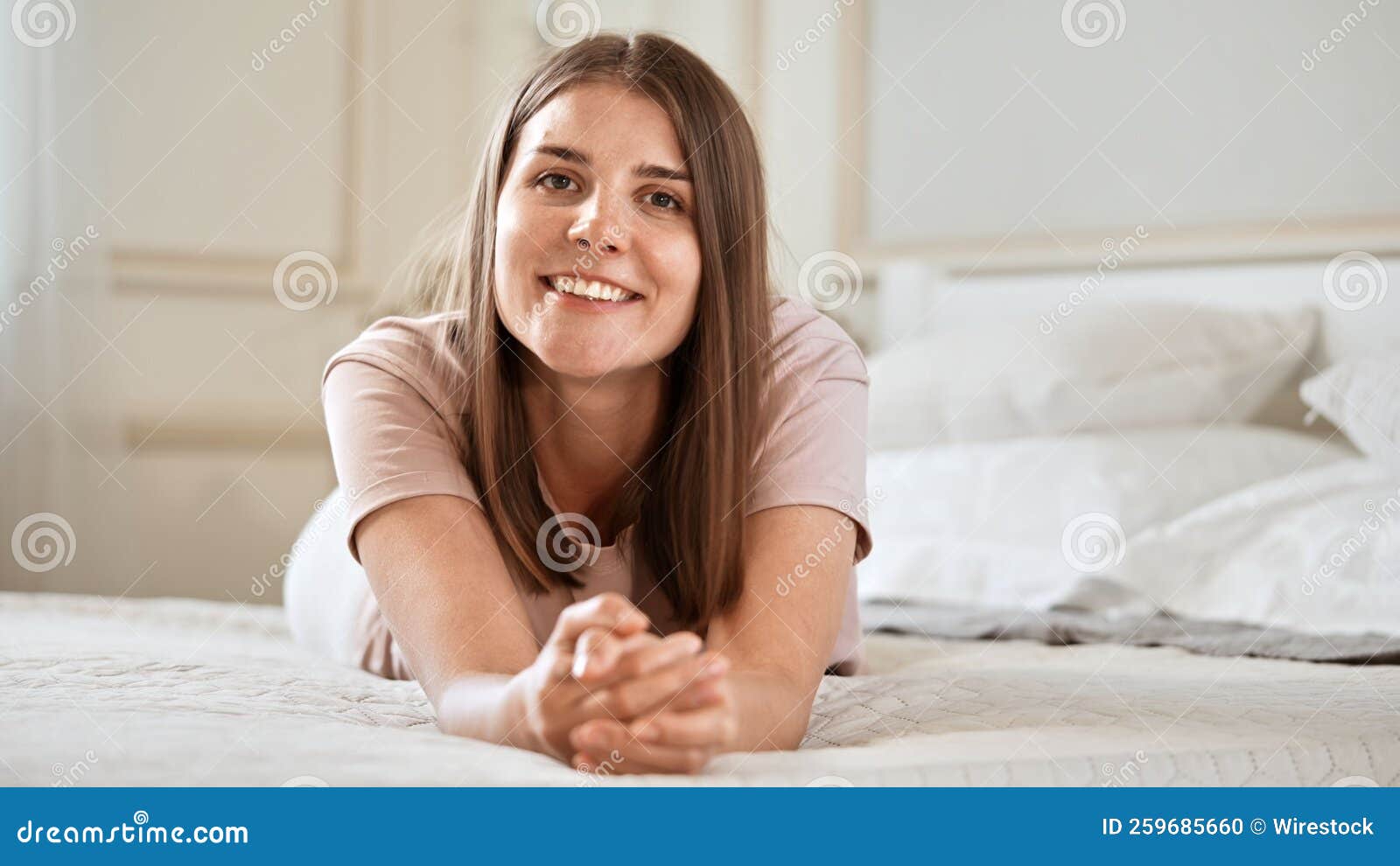 Caucasian Female Posing Lying on the Bed Stock Photo - Image of female ...