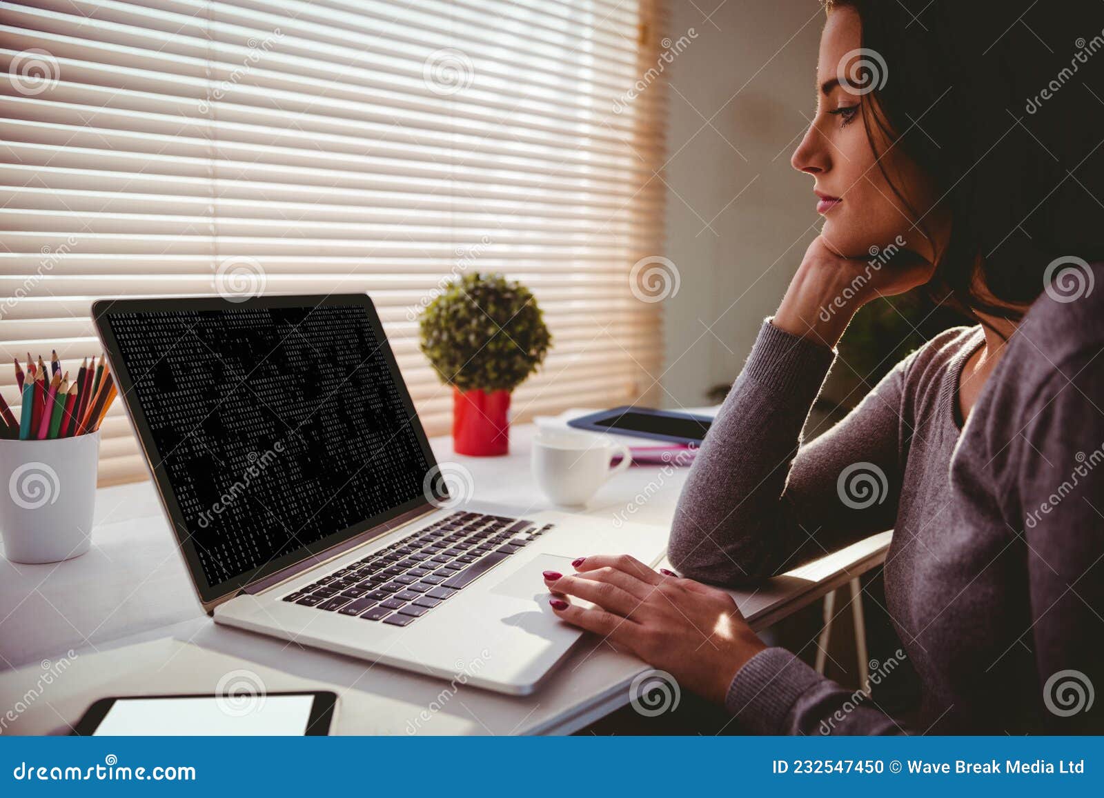 Caucasian Female Programmer Sitting at Desk, Using Laptop with Coding ...