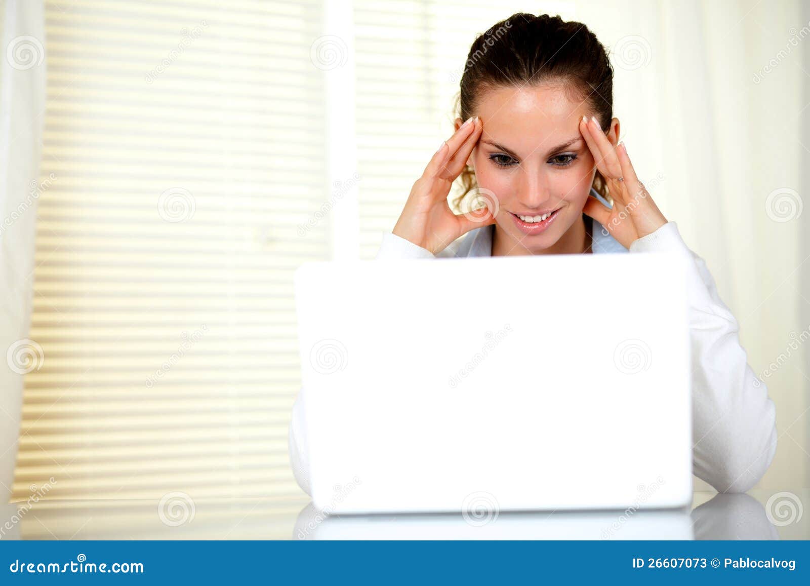Caucasian Female Reading on Laptop Screen Stock Image - Image of pretty ...