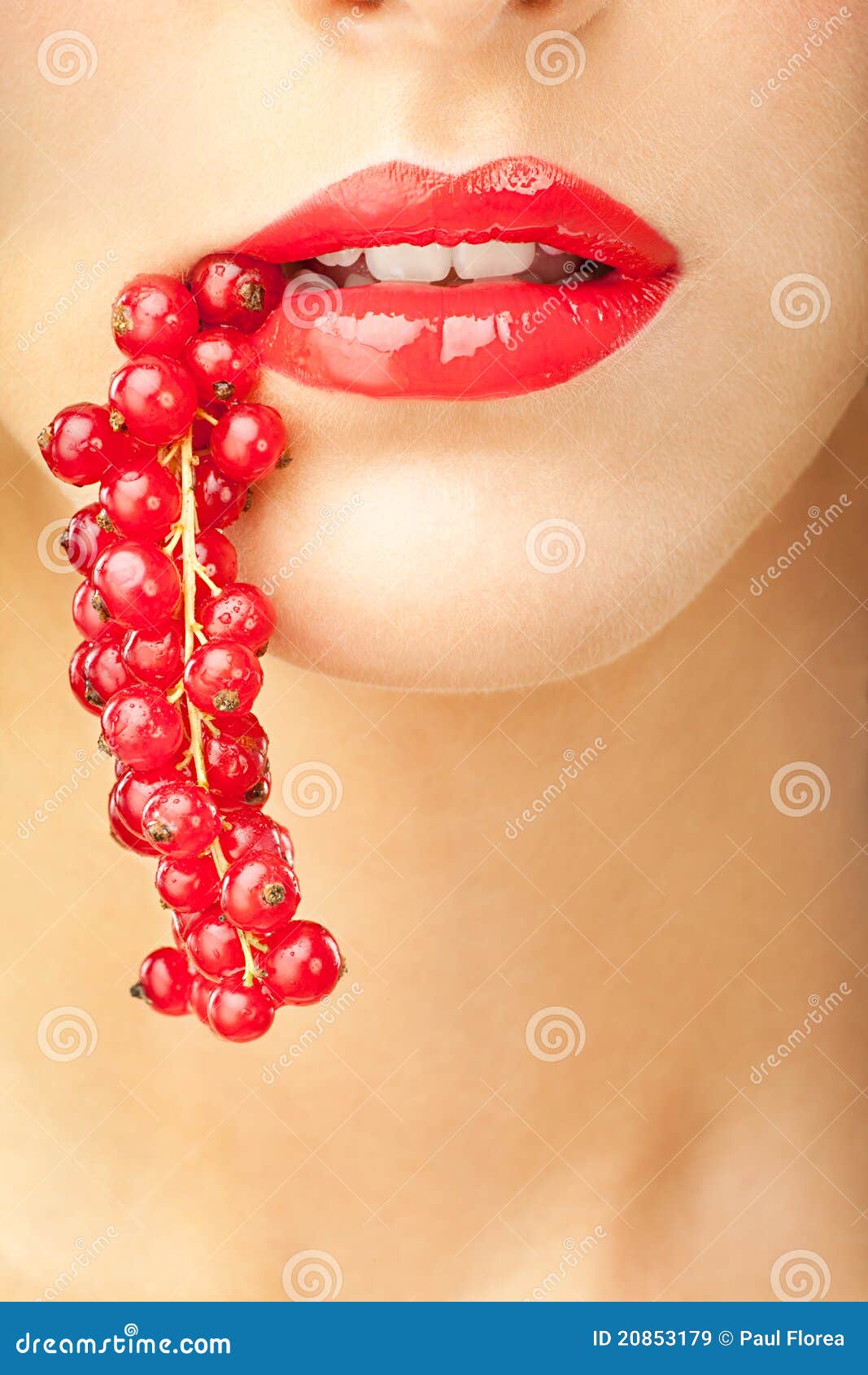 Caucasian Female Red Lips Redcurrants Bunch Stock Image - Image of ...