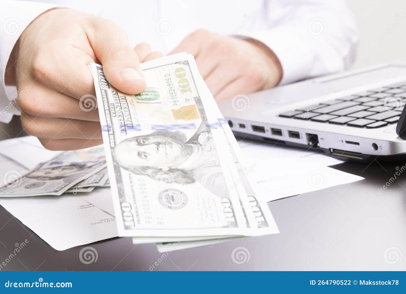 Caucasian Hands Counting Dollar Banknotes on White Wooden Surface Stock ...