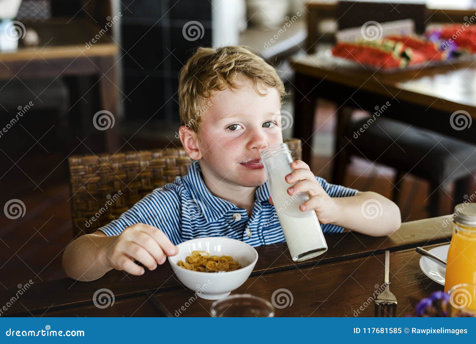 Caucasian Kid Having Breakfast Alone Stock Image - Image of childhood ...