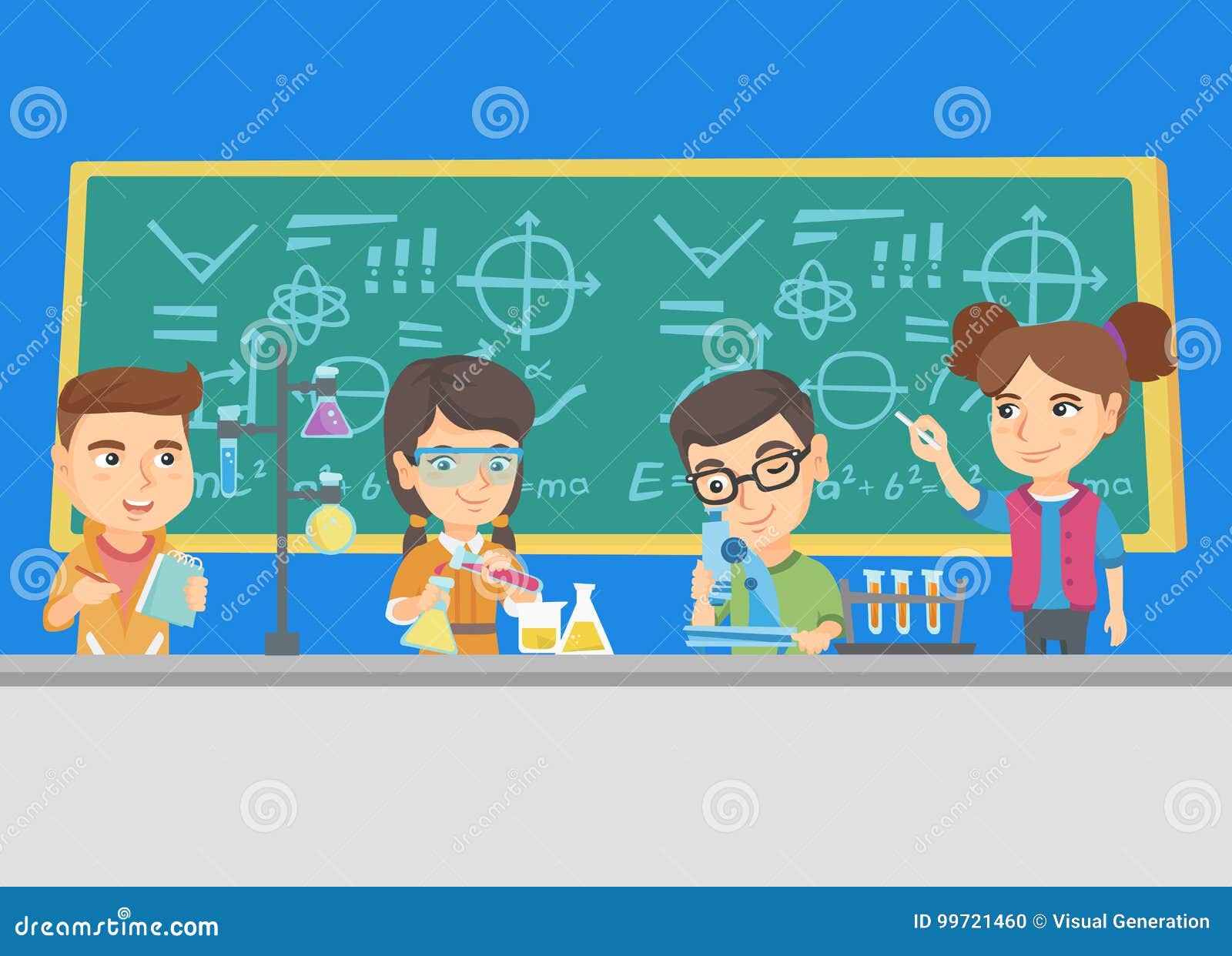 Caucasian Kids Working at Chemistry Class. Stock Vector - Illustration ...