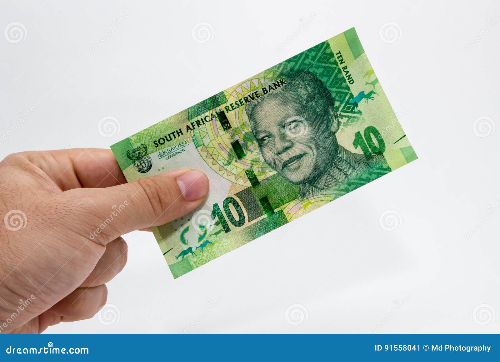A Caucasian Male Hand Holding A 10 Rand South African Note. This Image ...