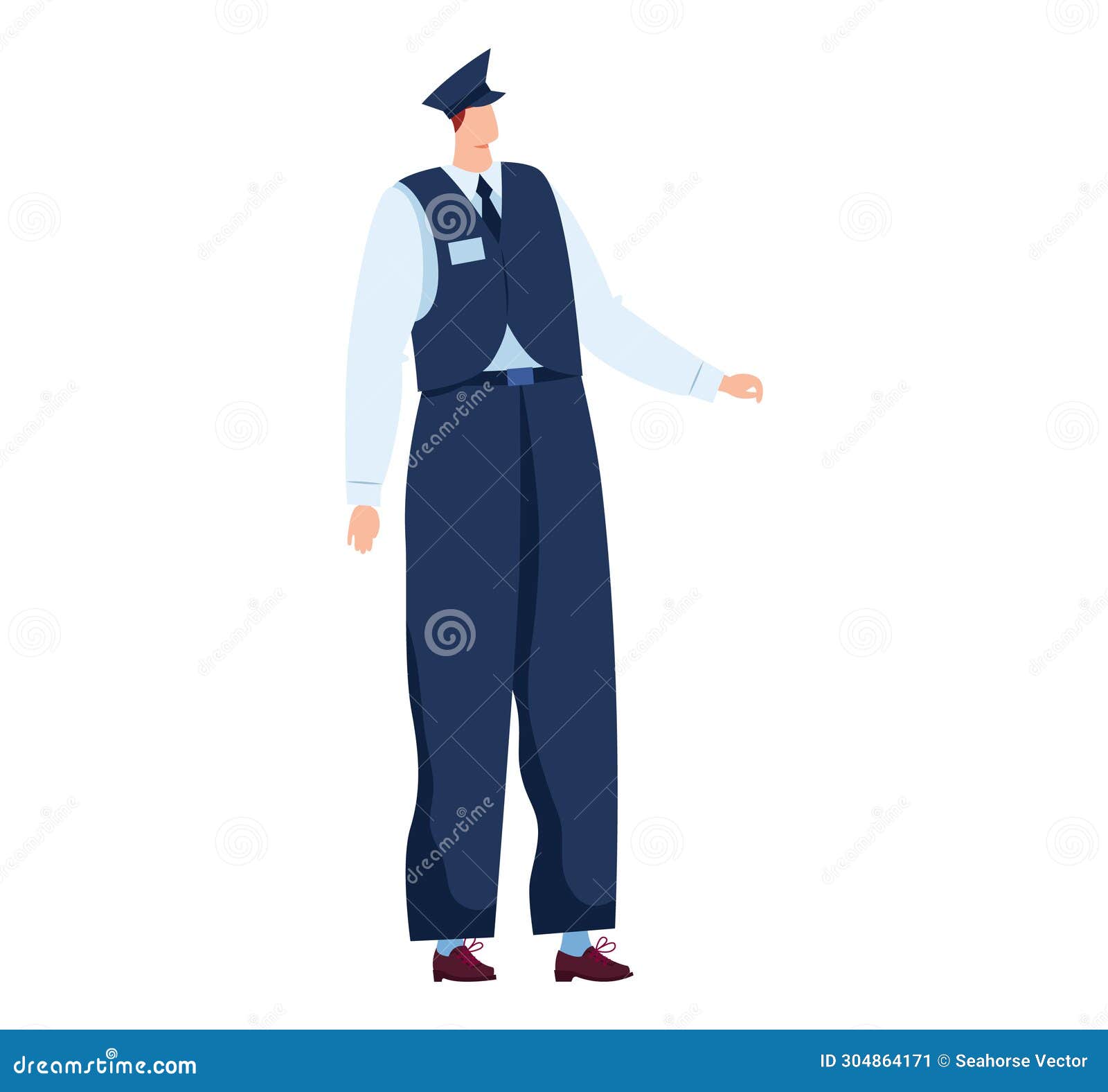 Caucasian Male Police Officer Standing In Uniform With Badge Vest And