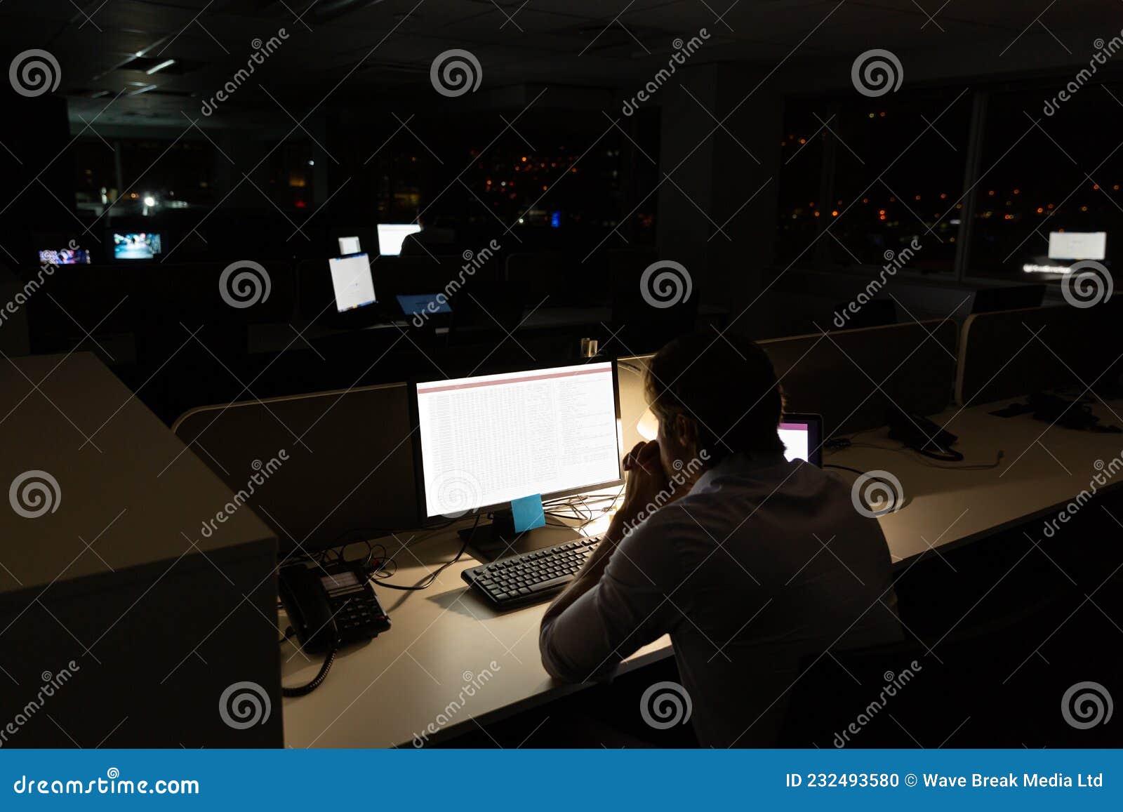 Caucasian Male Programmer Sitting at Desk, Using Computer with Copy Space on Screen Stock Photo ...