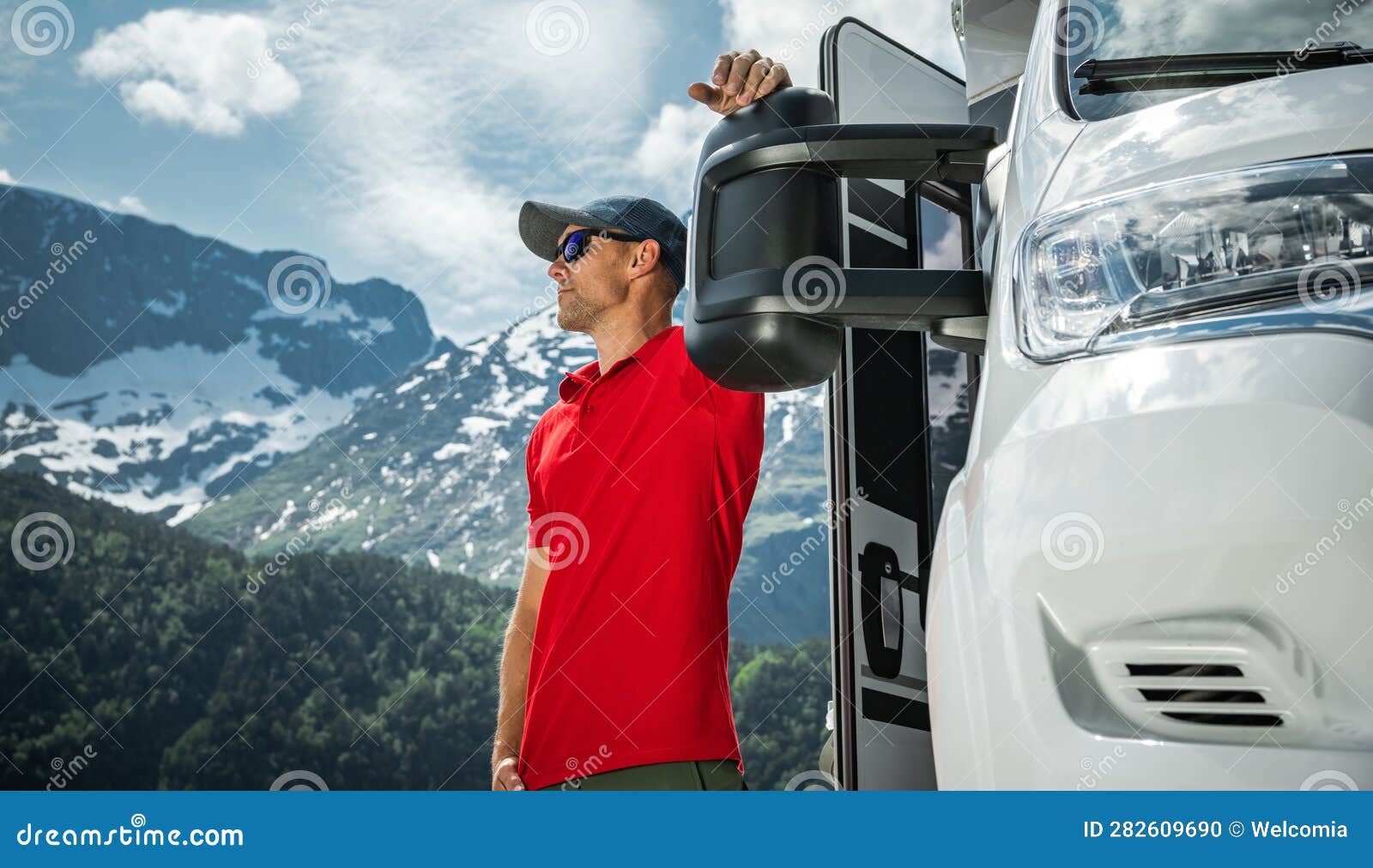 Caucasian Man on a Camper Van RV Road Trip Stock Photo - Image of ...