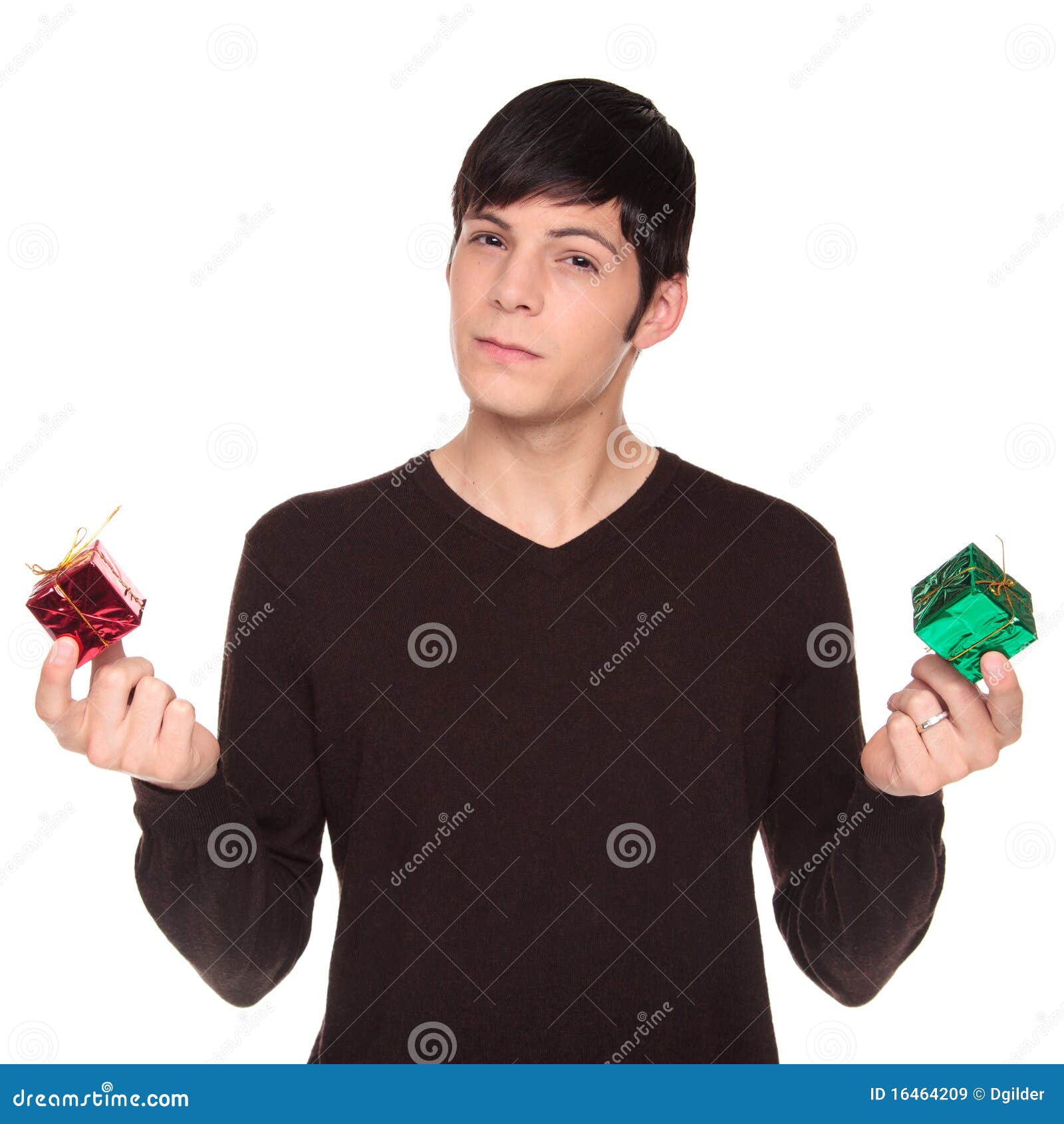 Caucasian Man Comparing Green Present To Red Stock Image - Image of ...