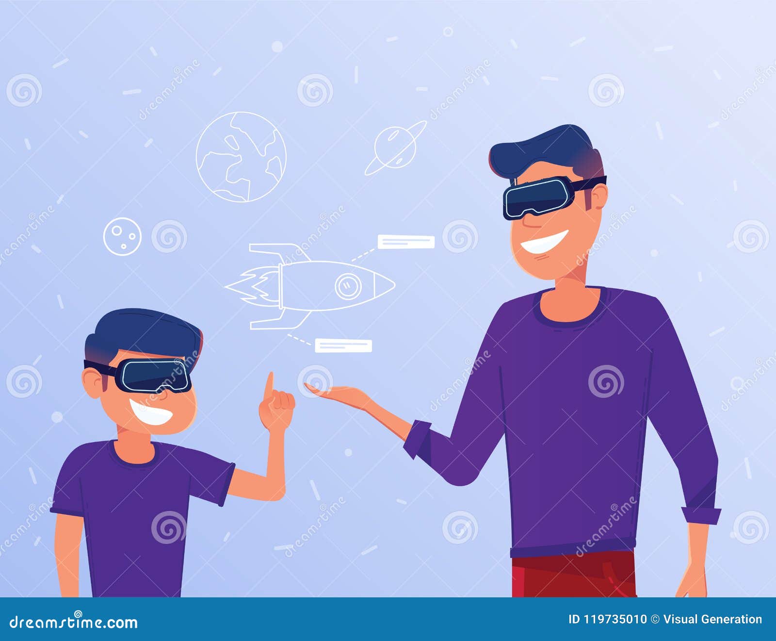 Caucasian Man and Kid in VR Headsets Studying a Virtual Rocket. Stock ...