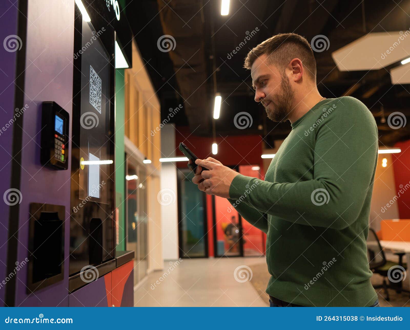 Caucasian Man Pays by Smartphone for Coffee in Self-service Machine ...