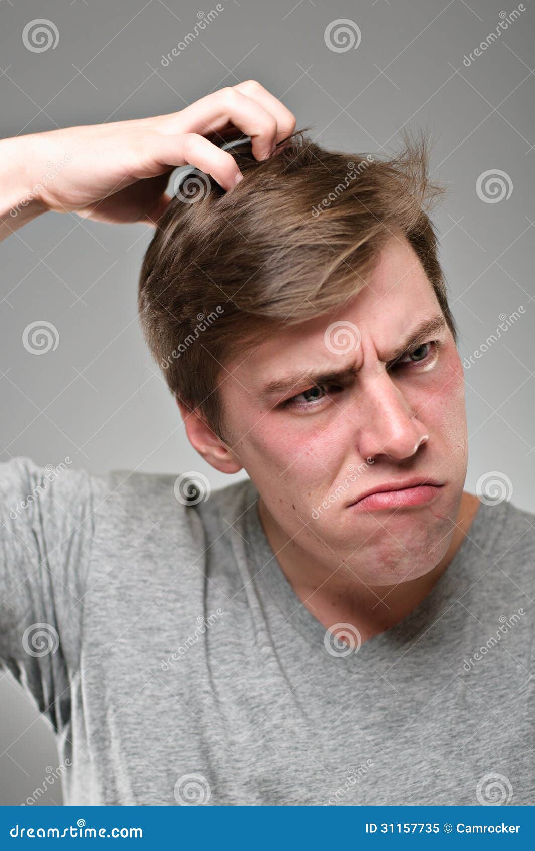 Caucasian Man Scratching His Head Portrtait Stock Image Image Of