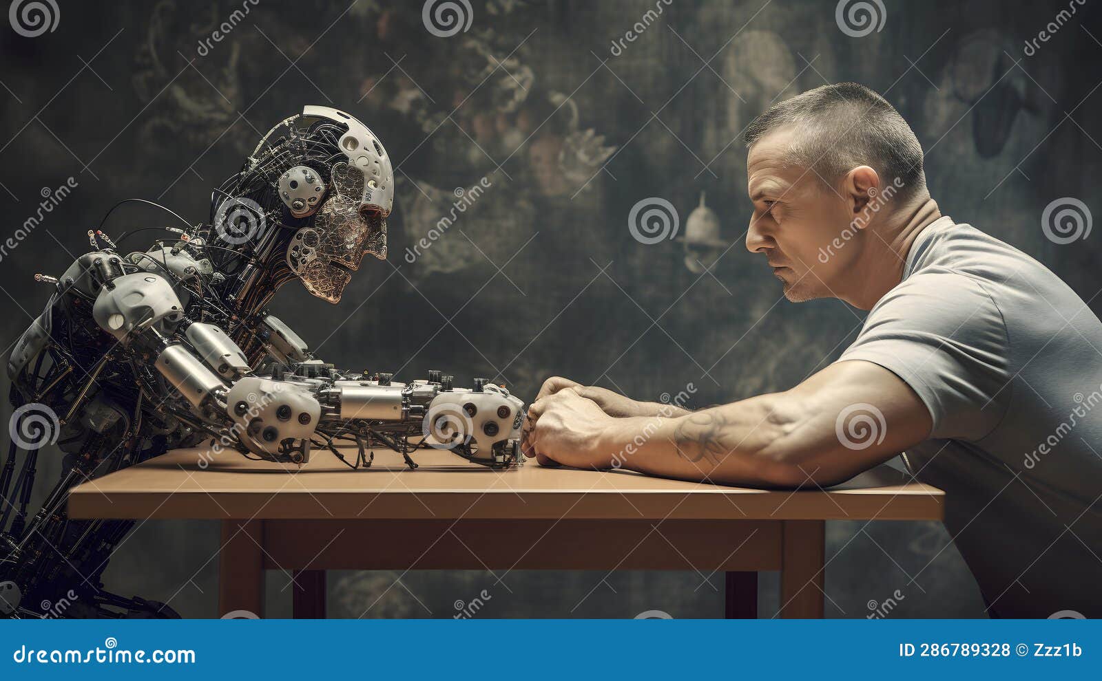 Caucasian Man Versus Robot are Sitting at the Table Opposite Looking at ...