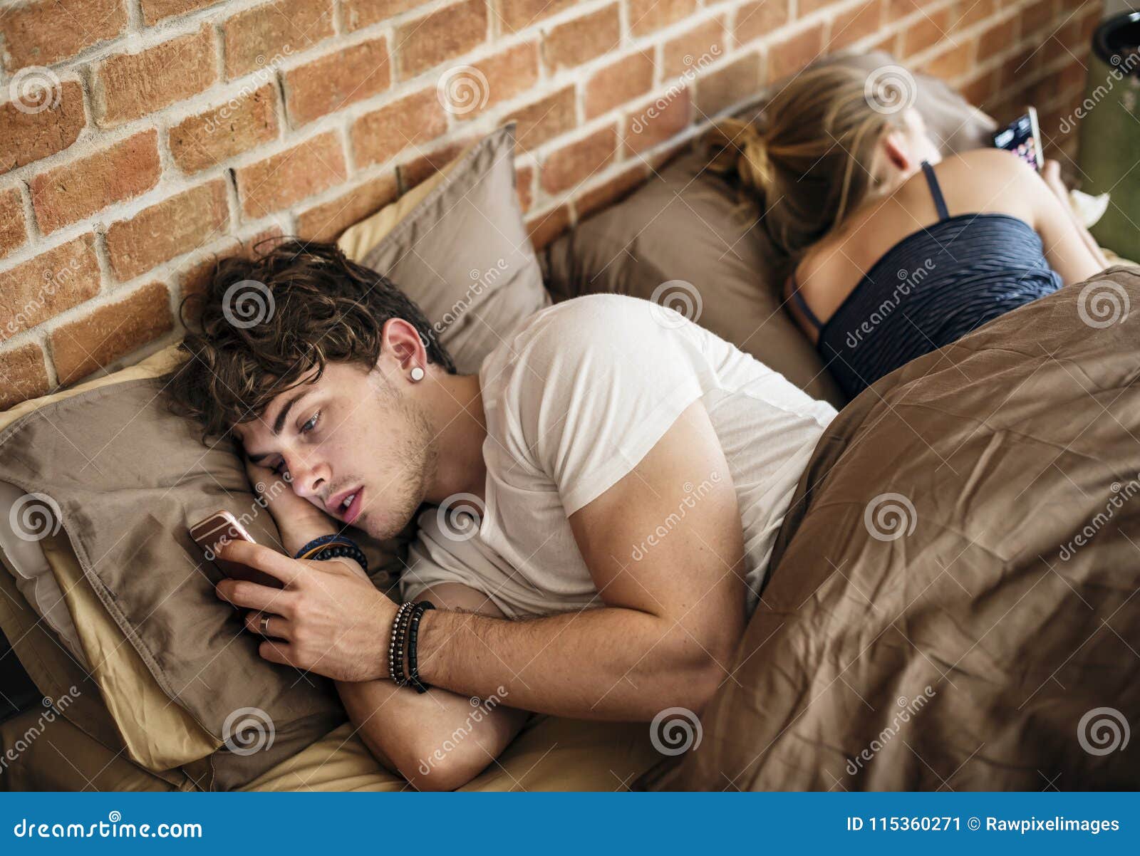 Caucasian Man Using Mobile Phone in Bed Stock Image - Image of lover ...