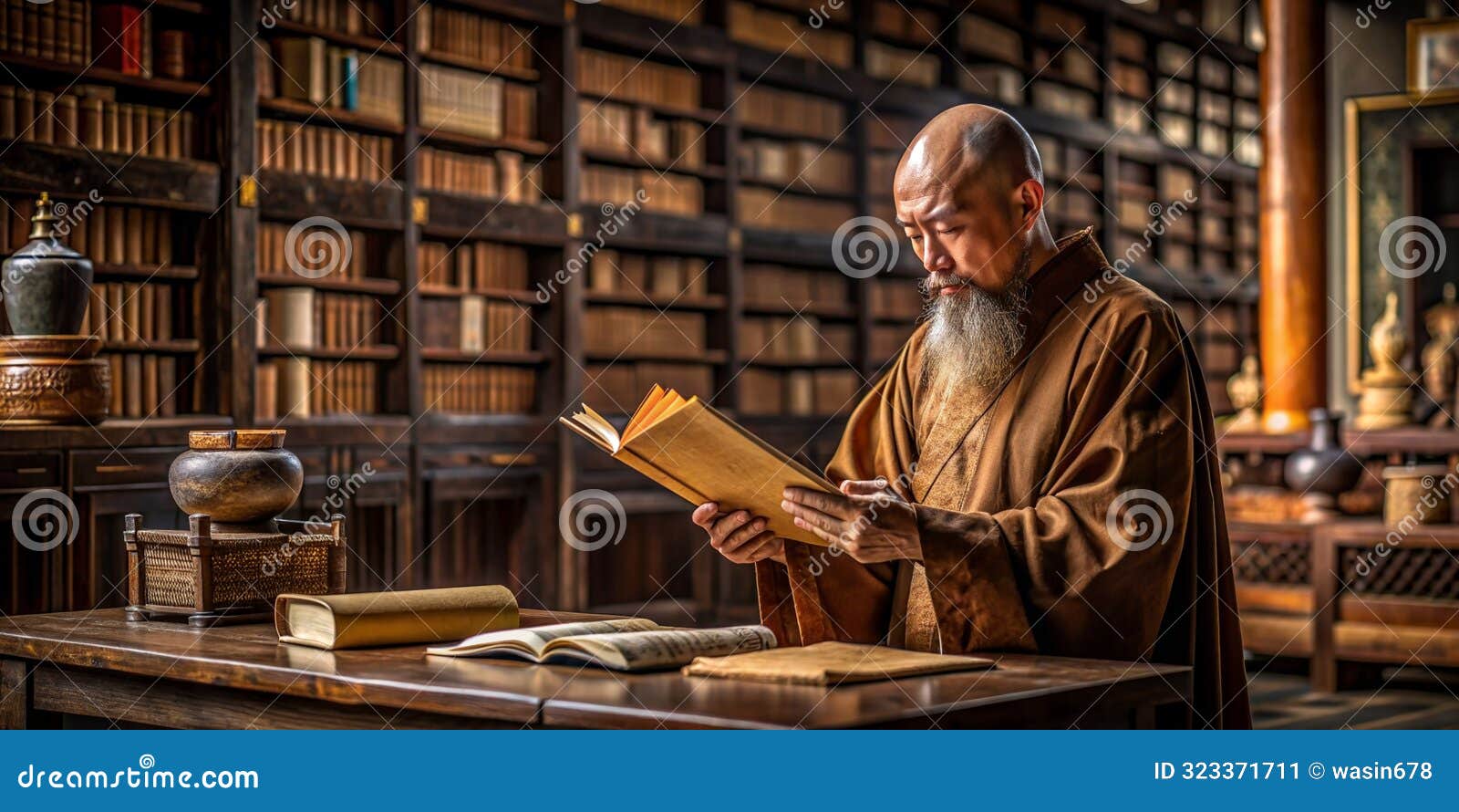 A Caucasian Monk in a Chinese Monastery Reads Ancient Chinese Scrolls ...